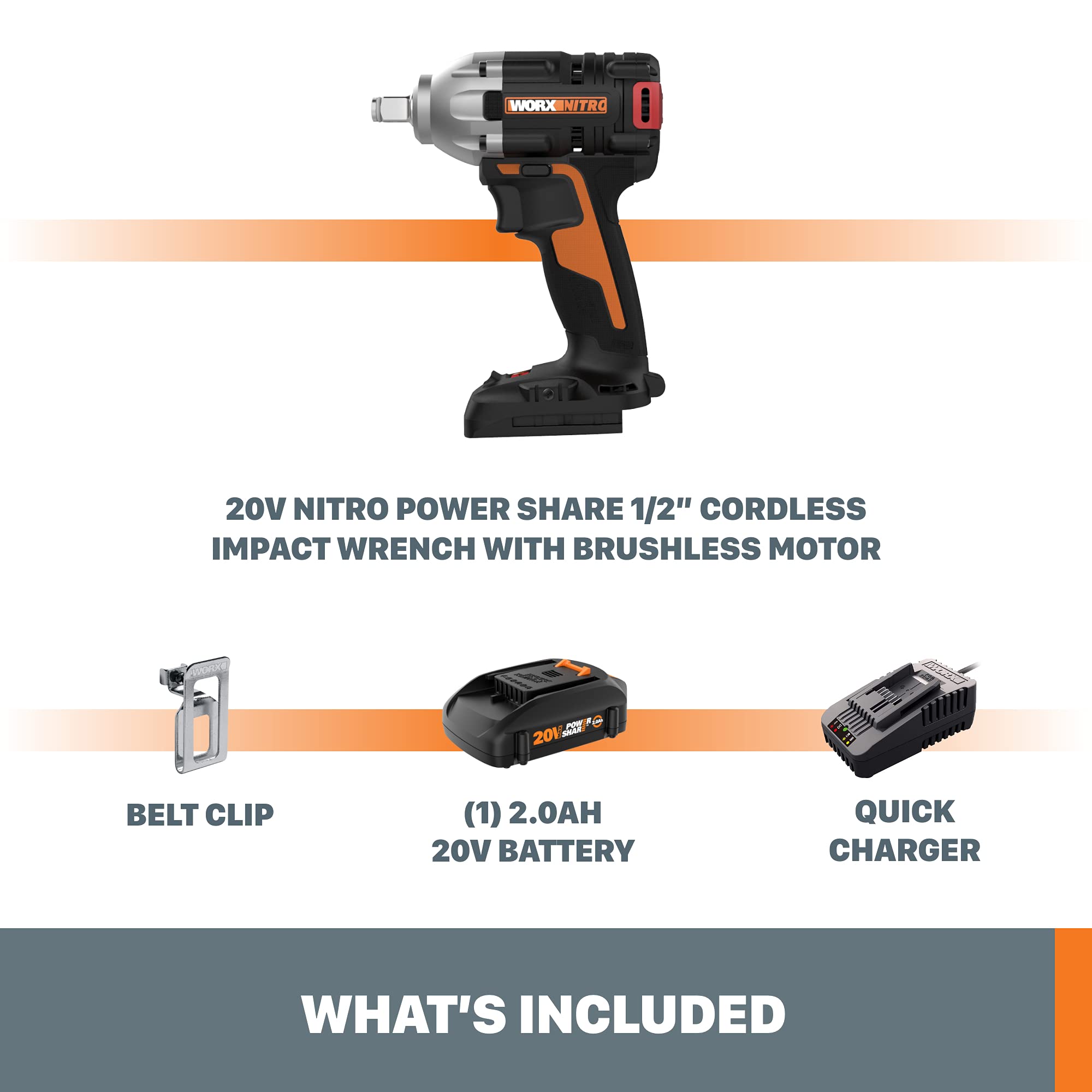 WORX Nitro WX272L 20V Power Share 1/2" Cordless Impact Wrench with Brushless Motor