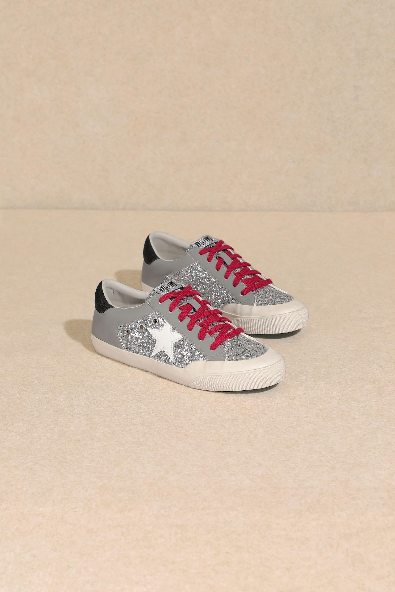 Mi.iM Harbor Rubber Sole Lace-up Glitter Leather Star Sneakers (6, Silver White)