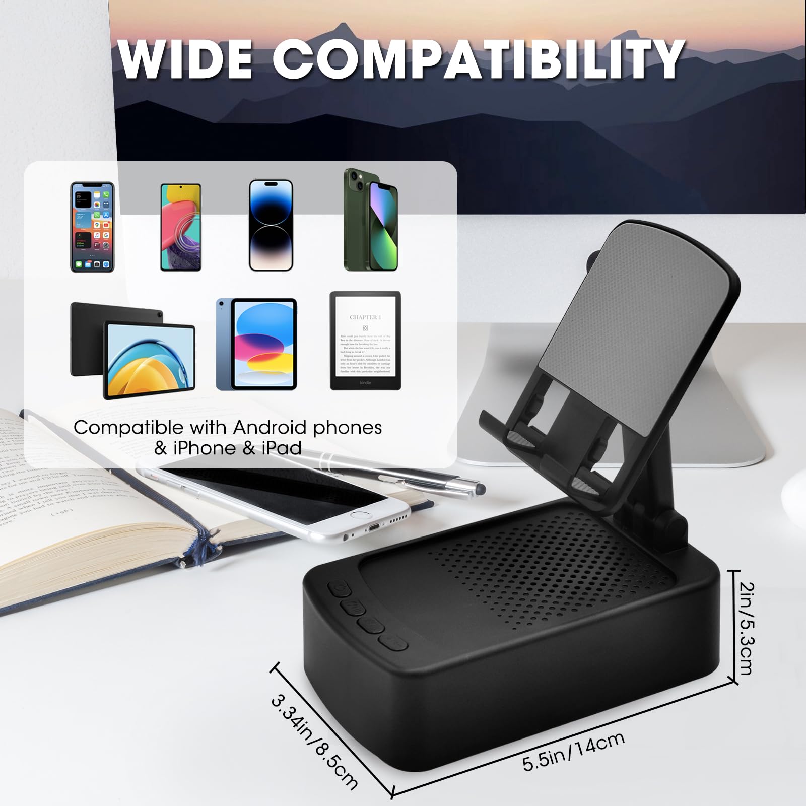 RSUARSUA Cell Phone Stand with Bluetooth Speaker HD Surround Sound Bluetooth Speaker Adjustable Phone Holder Gifts for Women Men Wide Compatible with Cell Phone and Tablet - Black