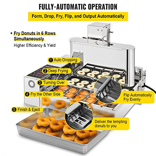 VEVOR 110V Commercial Automatic Donut Making Machine, 6 Rows Auto Doughnut Maker 9.5L Hopper, Intelligent Control Panel, Adjustable Thickness Donuts Fryer, 304 Stainless Steel