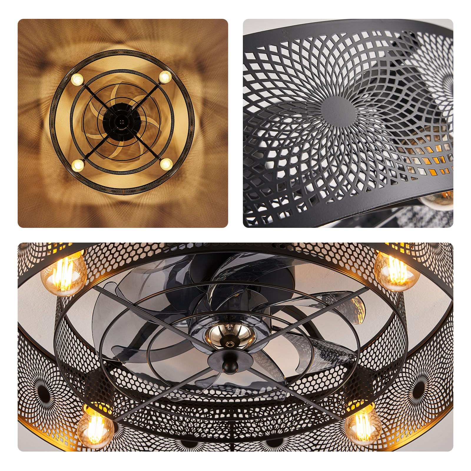 Orison 20 Inch Caged Ceiling Fan with Light, Black, 6 Speeds, Timer, Reversible Motor, Industrial Low Profile Ceiling Fan for Living Room, Bedroom, Kitchen