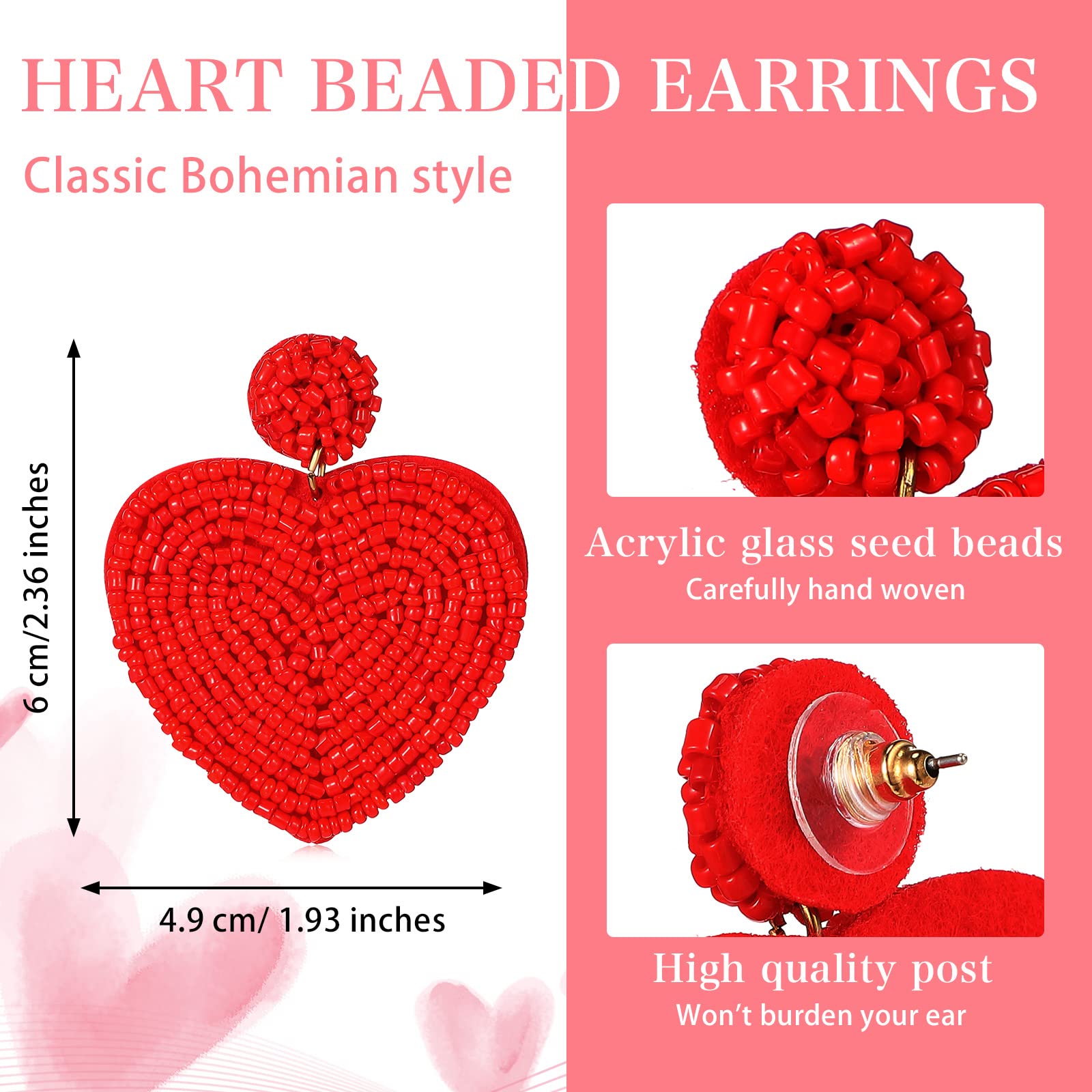 Valentine's Day Heart Earrings 3 Pairs Heart Beaded Earrings Statement Drop Earrings Handmade Seed Bead Heart Earrings (Pure)