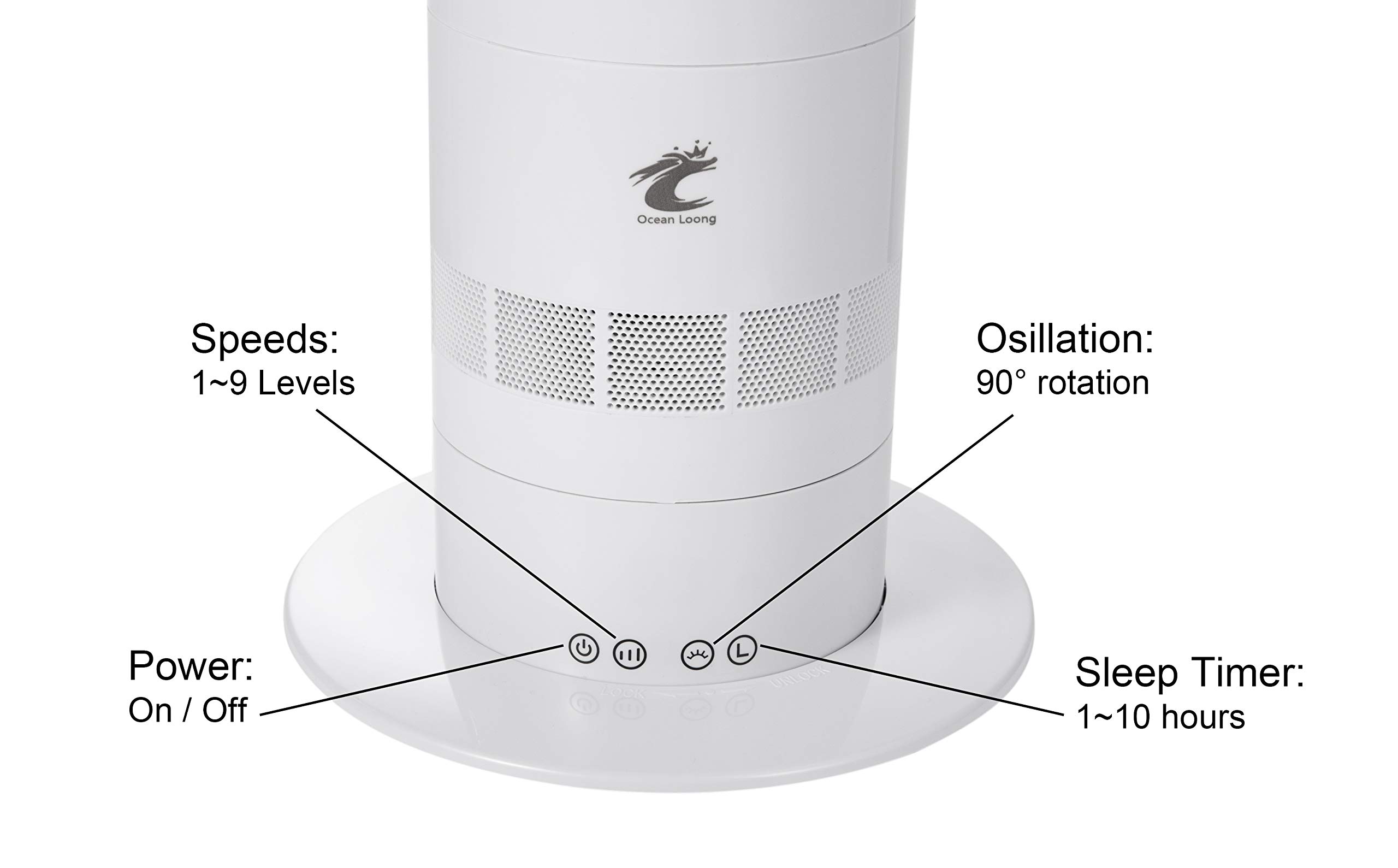 Ocean Loong AB01 Bladeless Tower Fan, 26 Inches 9 Speeds & 9H Timer Table Fan, White Air Circulator Fan for Bedroom Office