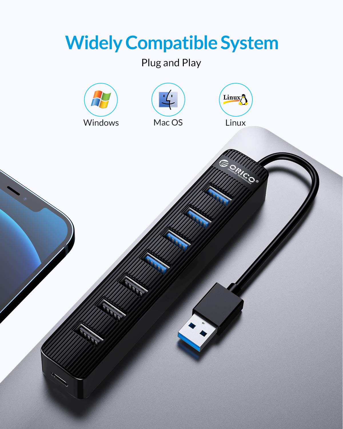 ORICO 7 Port USB Hub, USB 3.0 & 2.0 2-in-1 Data Hub with 5V Power Supply Port for MacBook, iMac, Surface Pro, XPS, Laptop, Flash Drives, Mobile HDD, Keyboard, Mouse and More