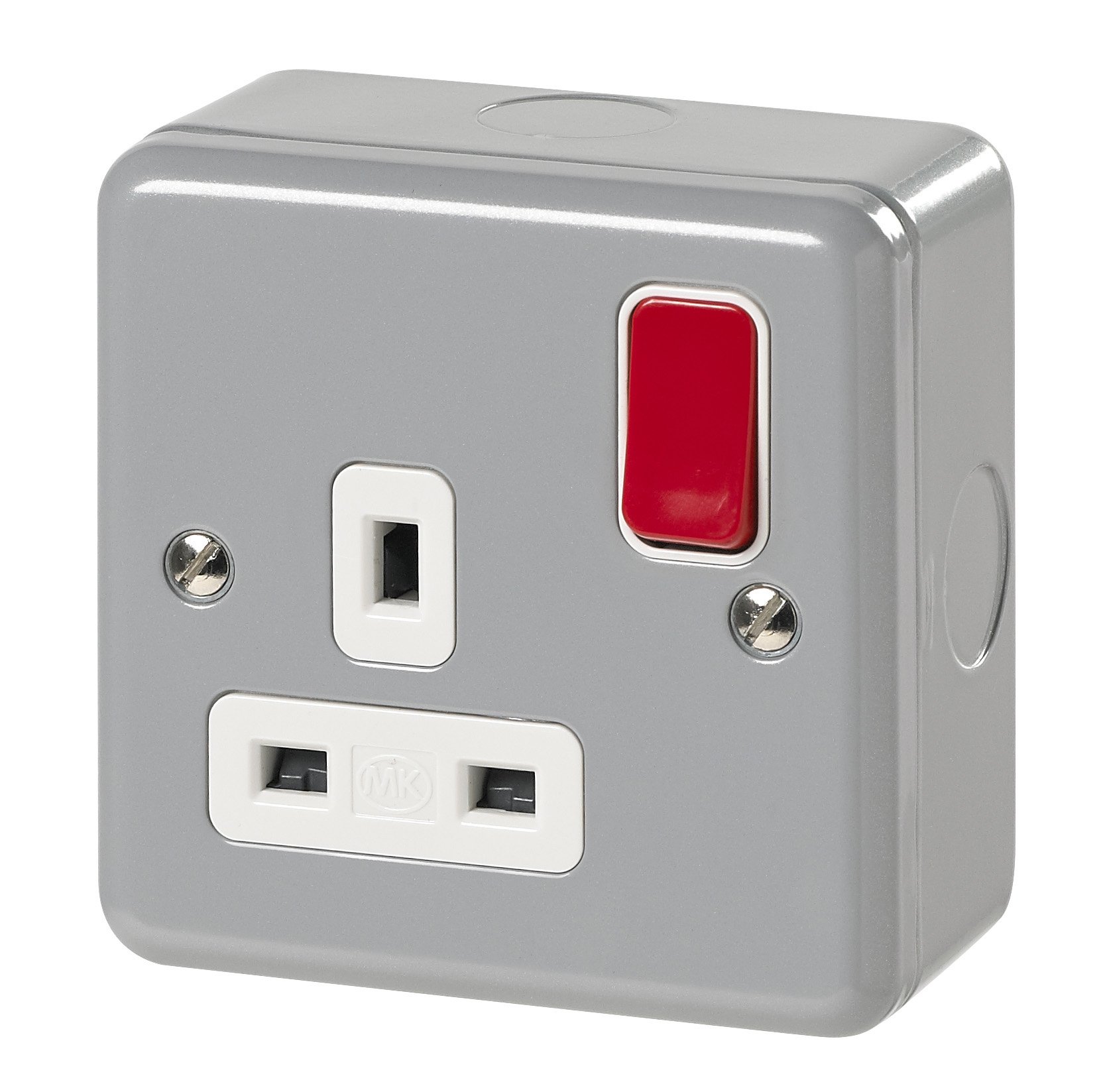 MK Metalclad Plus K2977D6 ALM 13 amp 1-Gang Double-Pole Switch Socket with Red Rockers