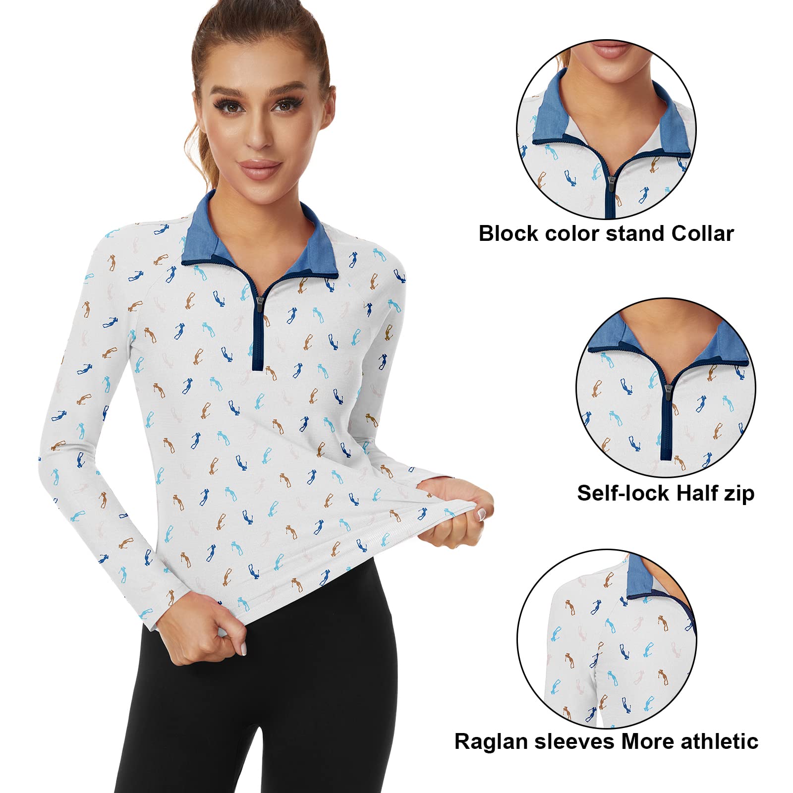Women's Golf Shirt Long Sleeve 1/4 Zip Pullover Tennis Shirts Running Hiking Outdoor Tops (Print White, S)