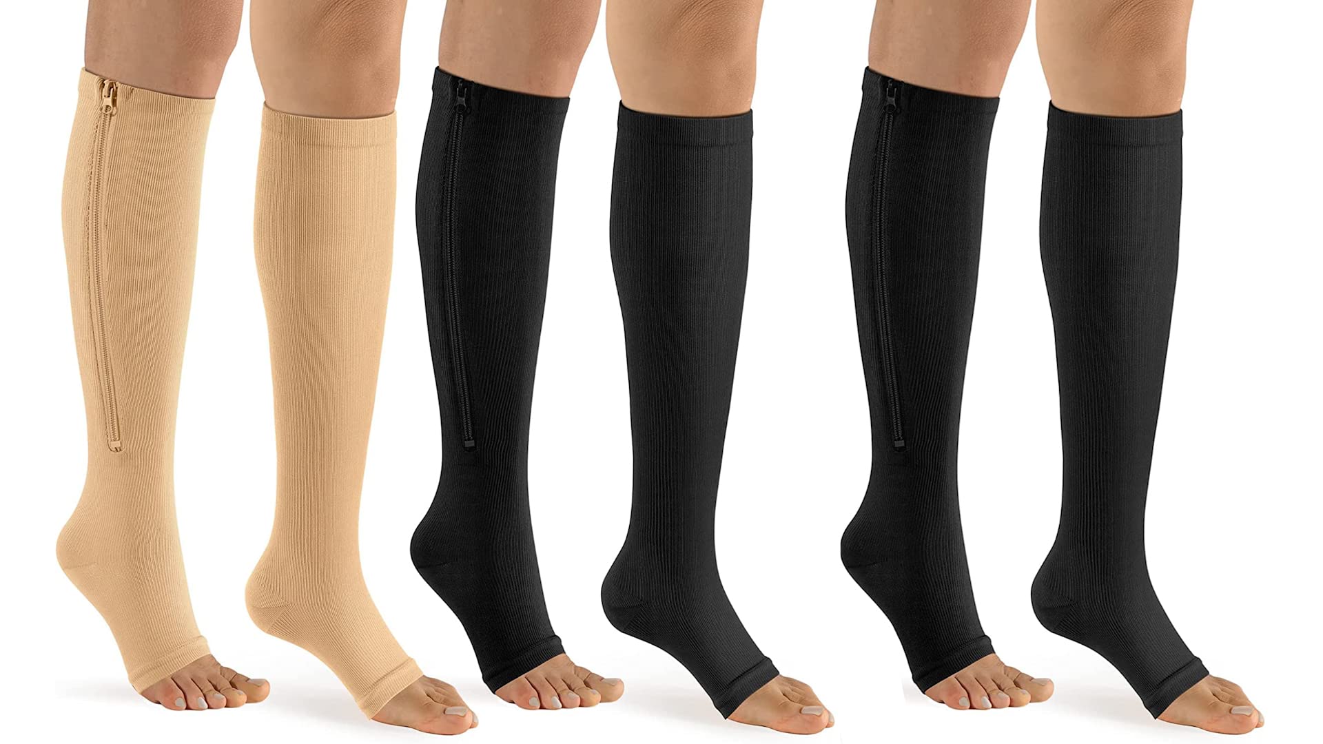 VITAL SOCKS (3 Pairs) for Compression and Circulation with Zipper. Medias de Compresion y Circulacion (2 Beige + 1 Black) Original 100%