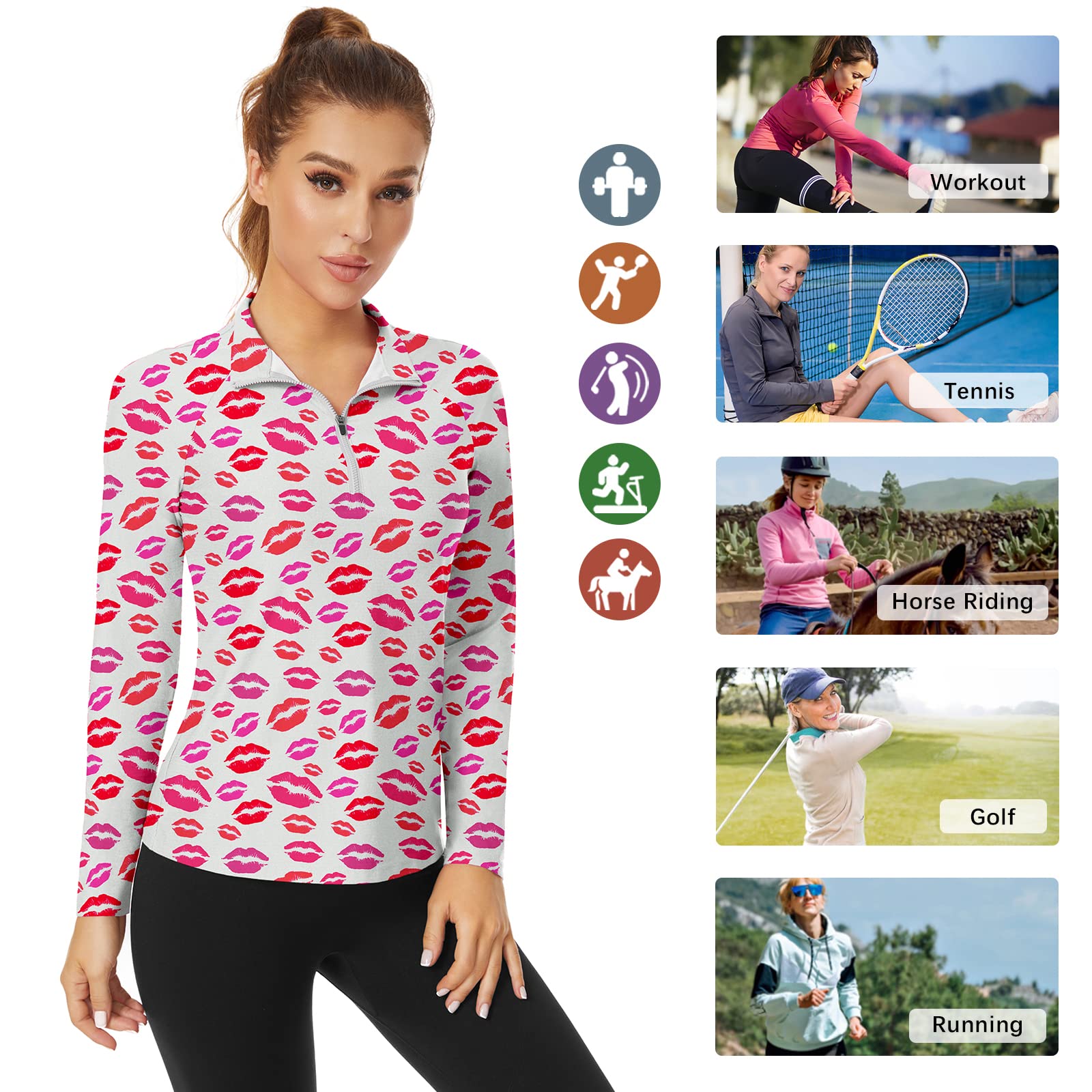Women's Golf Shirt Long Sleeve 1/4 Zip Pullover Tennis Shirts Running Hiking Outdoor Tops (Print A, S)