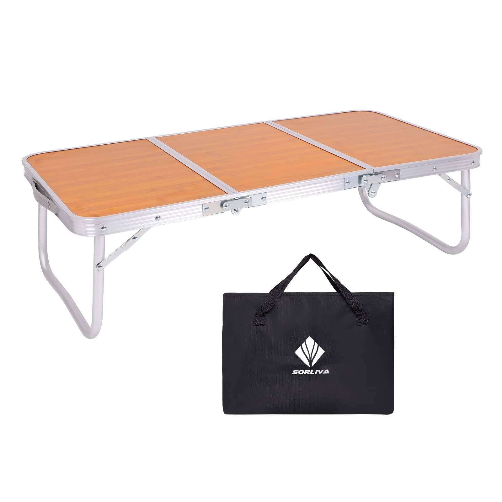 sorliva Folding Camping Table, Portable Picnic Camping Table Bed Table with Carrying Bag, 3-Fold Lightweight Folding Table for Outside Picnic Garden Cooking BBQ Fishing Beach Table