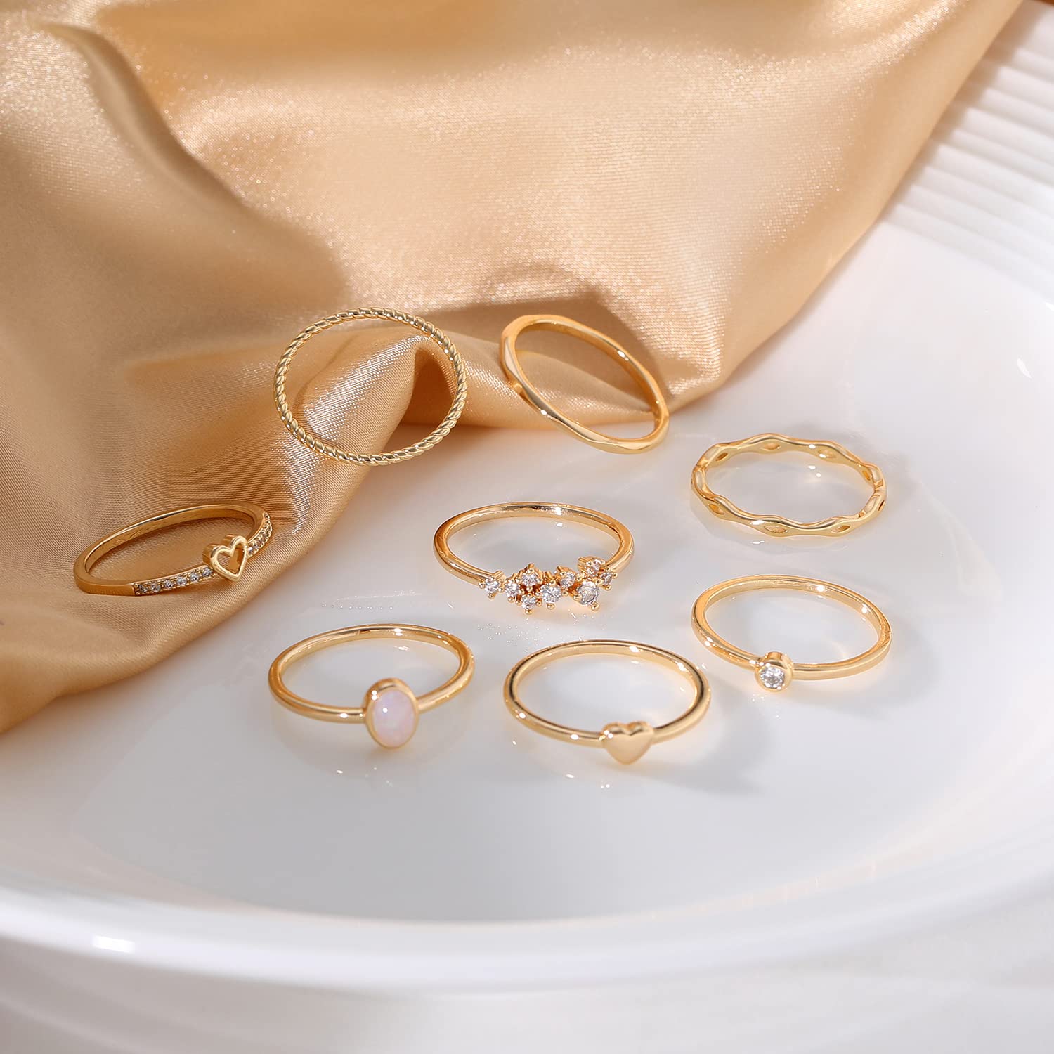 RLMOON 8PCS 14K Gold Plated Stacking Ring Set for Women Teen Danity Thumb Stackable Rings Gold Heart CZ Promise Eternity Rings Plain Band Size 7