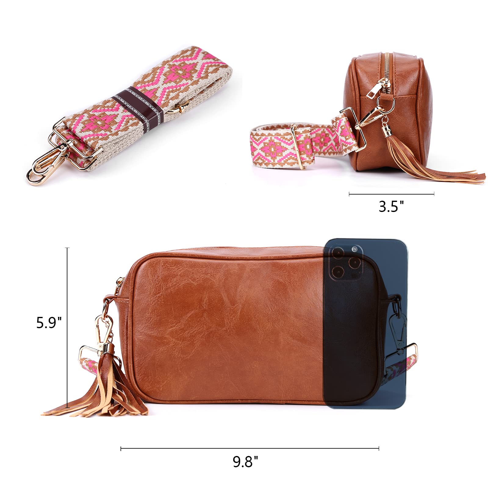 YFGBCX Crossbody Bag for Women PU Leather Wide Strap Shoulder Purse with Tassel Trendy Design Camera Top Zip C03-pu-brown