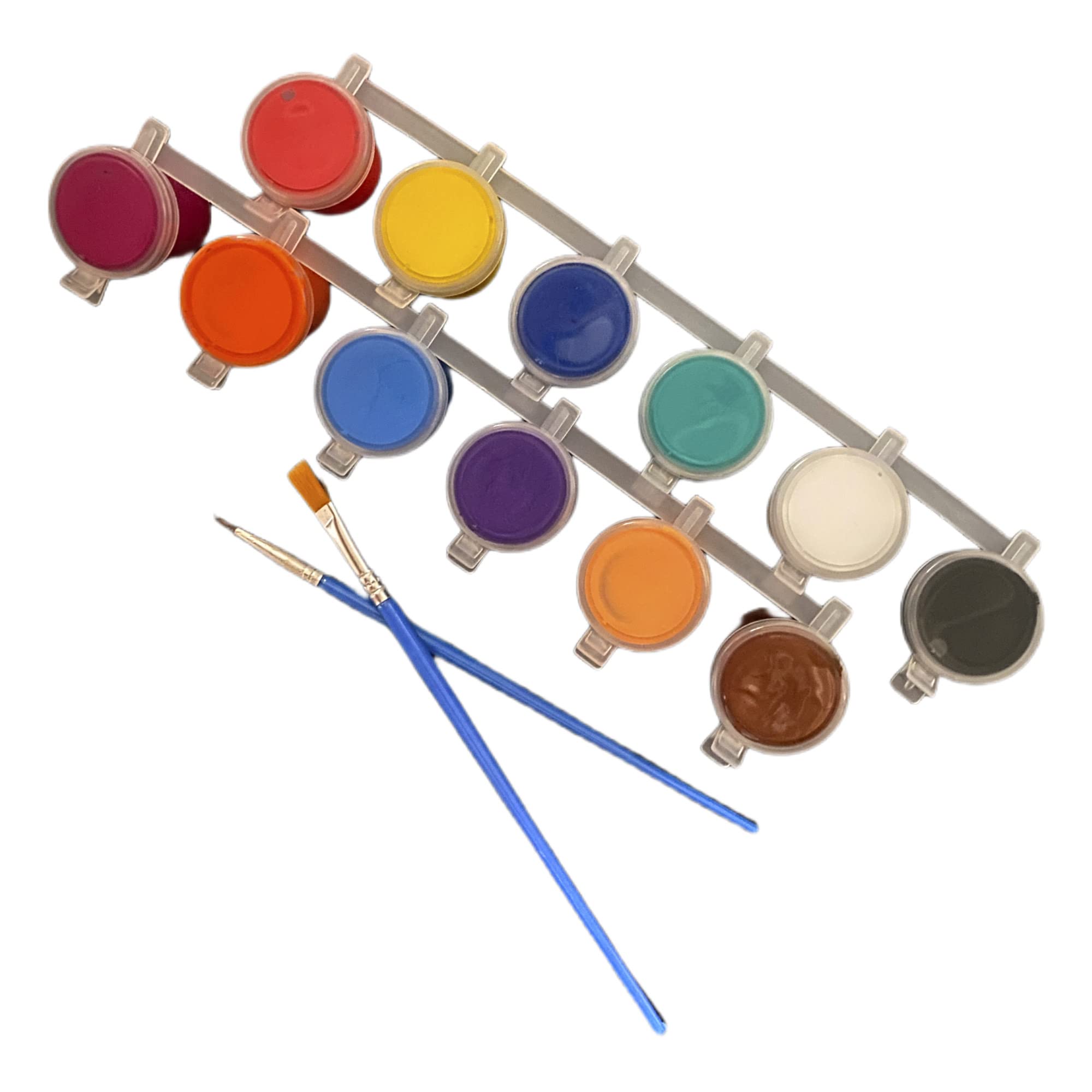Washable Craft Tempera Paint Pots, Set of 12 Assorted Colors and 2 Paint Brushes
