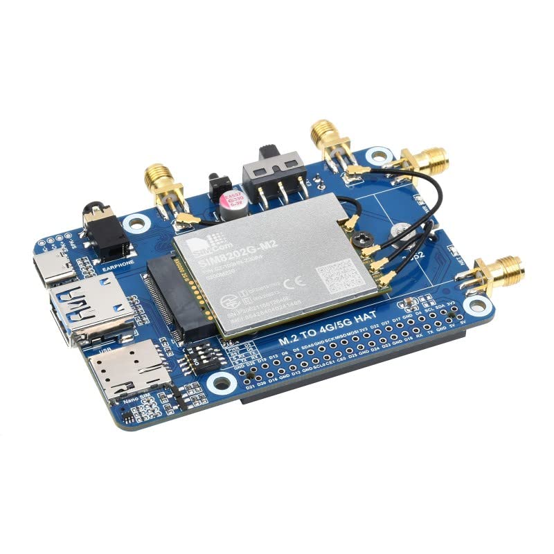 waveshare SIM8202G-M2 5G HAT (B) for Raspberry Pi Snapdragon X55 Quad Antennas 5G NSA Multi Band 5G/4G/3G Compatible Applicable for Regions with 5G Sub-6G Signal Coverage