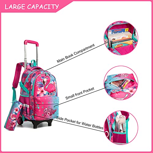 Oruiji Girls Rolling Backpack for School Backpack with Wheels for Girls Wheeled Backpack with Lunch Bag Kids Travel Suitcase