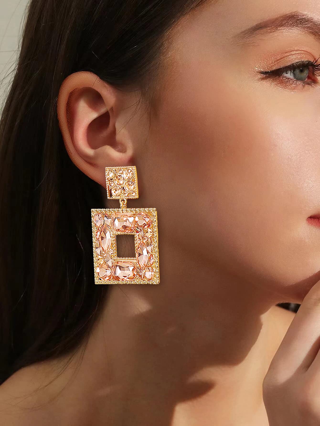 Rhinestone Square Zinc Dangle Earrings For Women Sparkly Crystal Geometric Drop Statement Earrings Juran Green Collection (Multicolour)