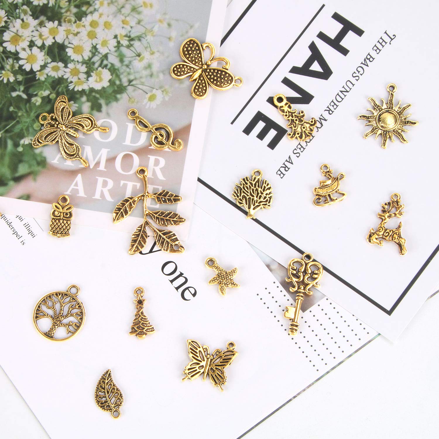 SANNIX 200Pcs Gold Charms Bulk Antique Gold Charms for Jewelry Making Charm Bracelet Necklace Earrings DIY Craft Making