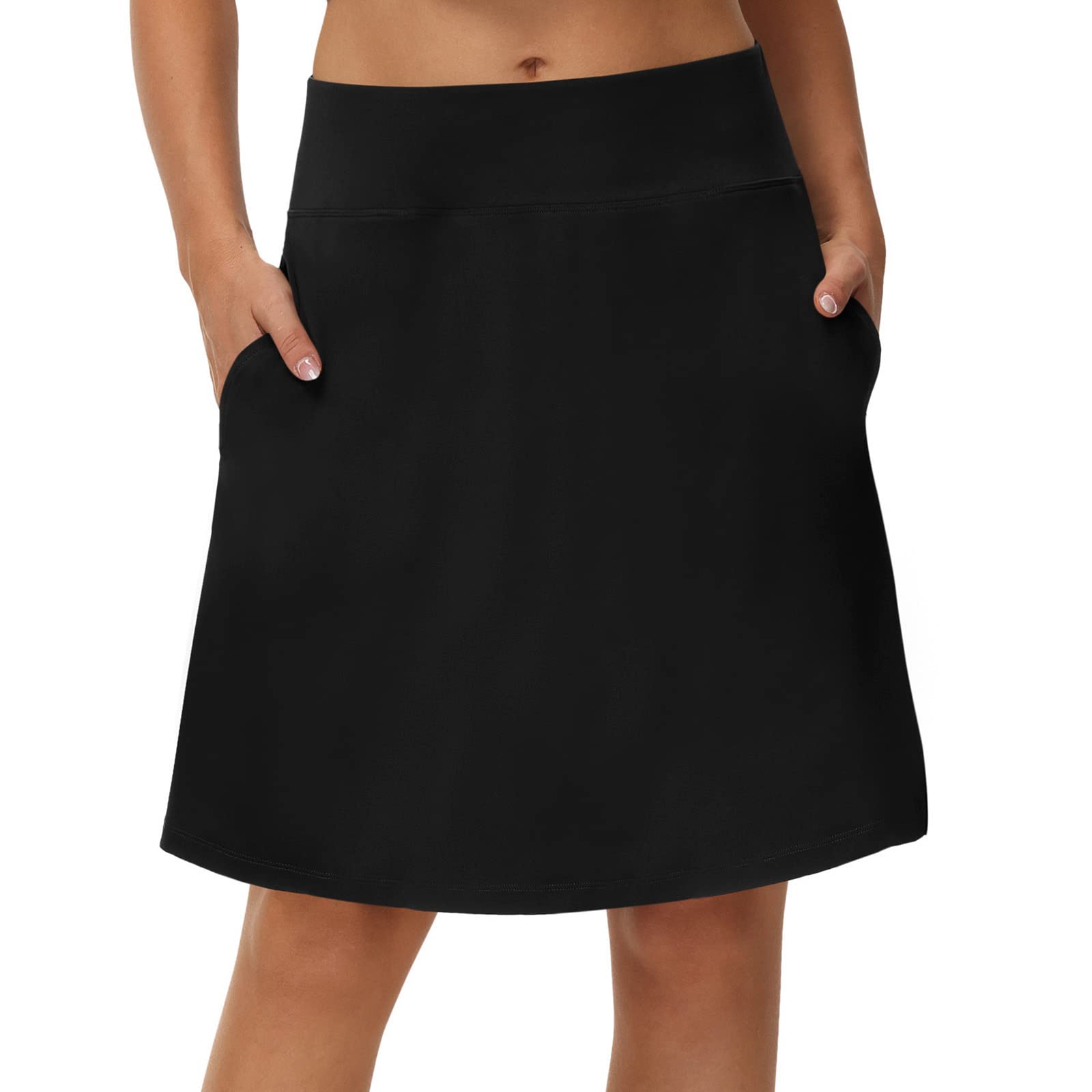 Women's Knee Length Tennis Skirt Large Black Lightweight Modest Long Cute Casual Workout Athletic Golf Skort with Pockets
