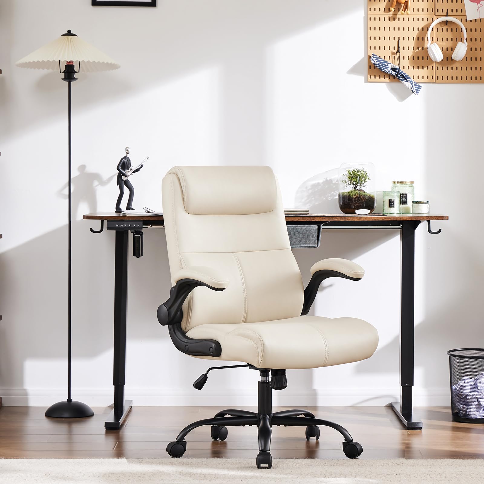NEWBULIG Ergonomic PU Leather Desk Mid Back Computer Flip Up Armrests Height Adjustable Executive Office Lumbar Support Swivel Task Chair, 20" D x 20" W x 43" H, White
