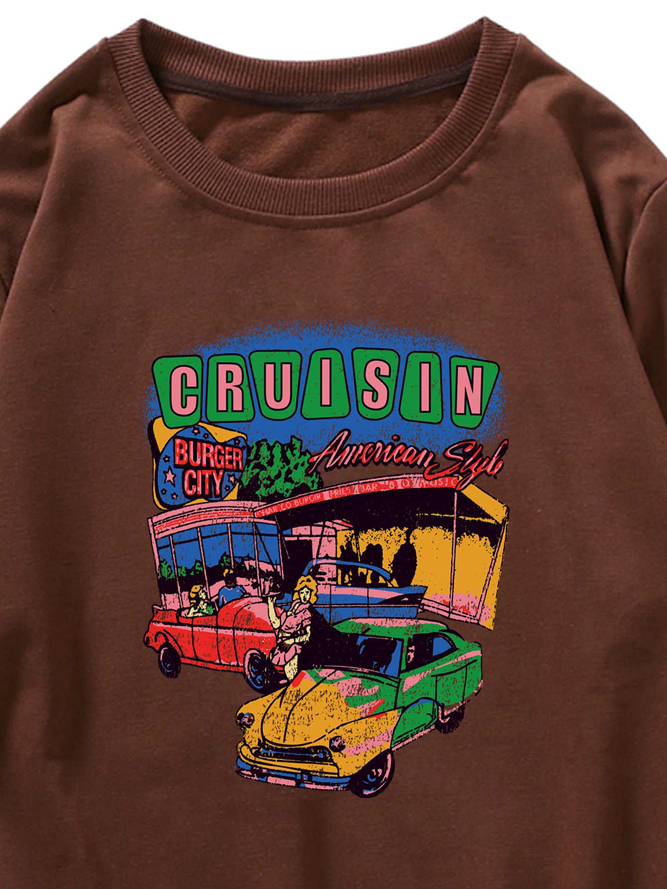 SOLY HUX Men's Letter Car Graphic Print Long Sleeve Pullover Top Sweatshirt Chocolate Brown L
