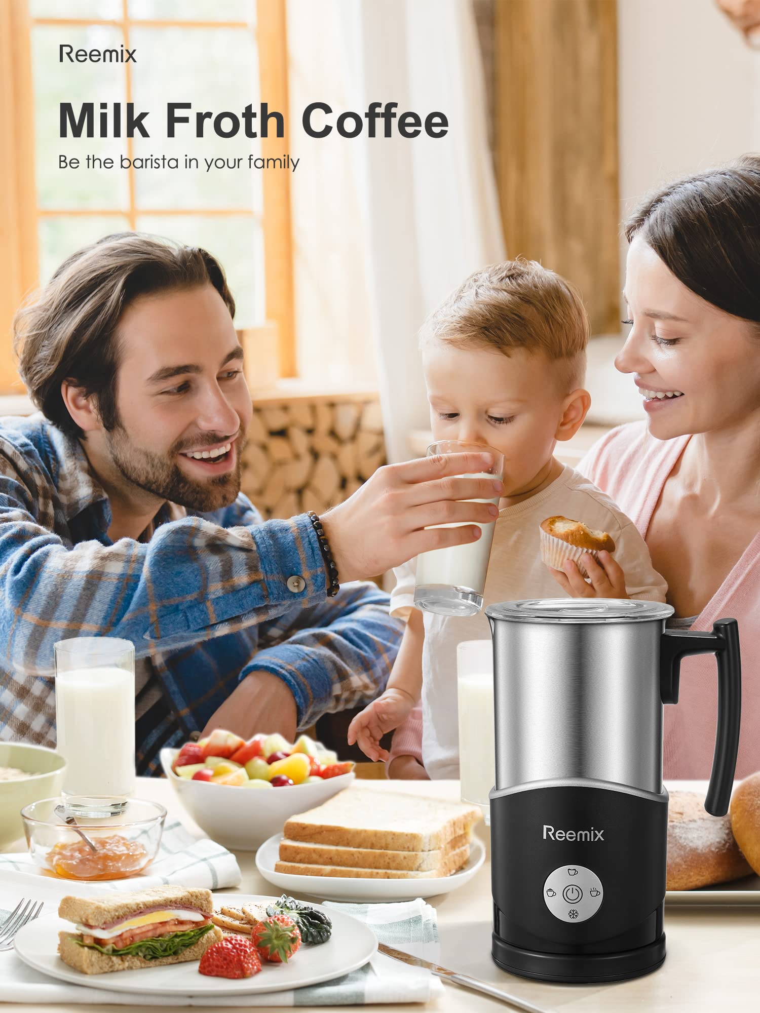 Milk Frother, Reemix 11.8oz Electric Milk Steamer Soft Foam Maker With Large Open,4 IN 1 Multifunction for Hot & Cold Froth, Automatic off & Easy Cleaning,Silent Operation (Silver)