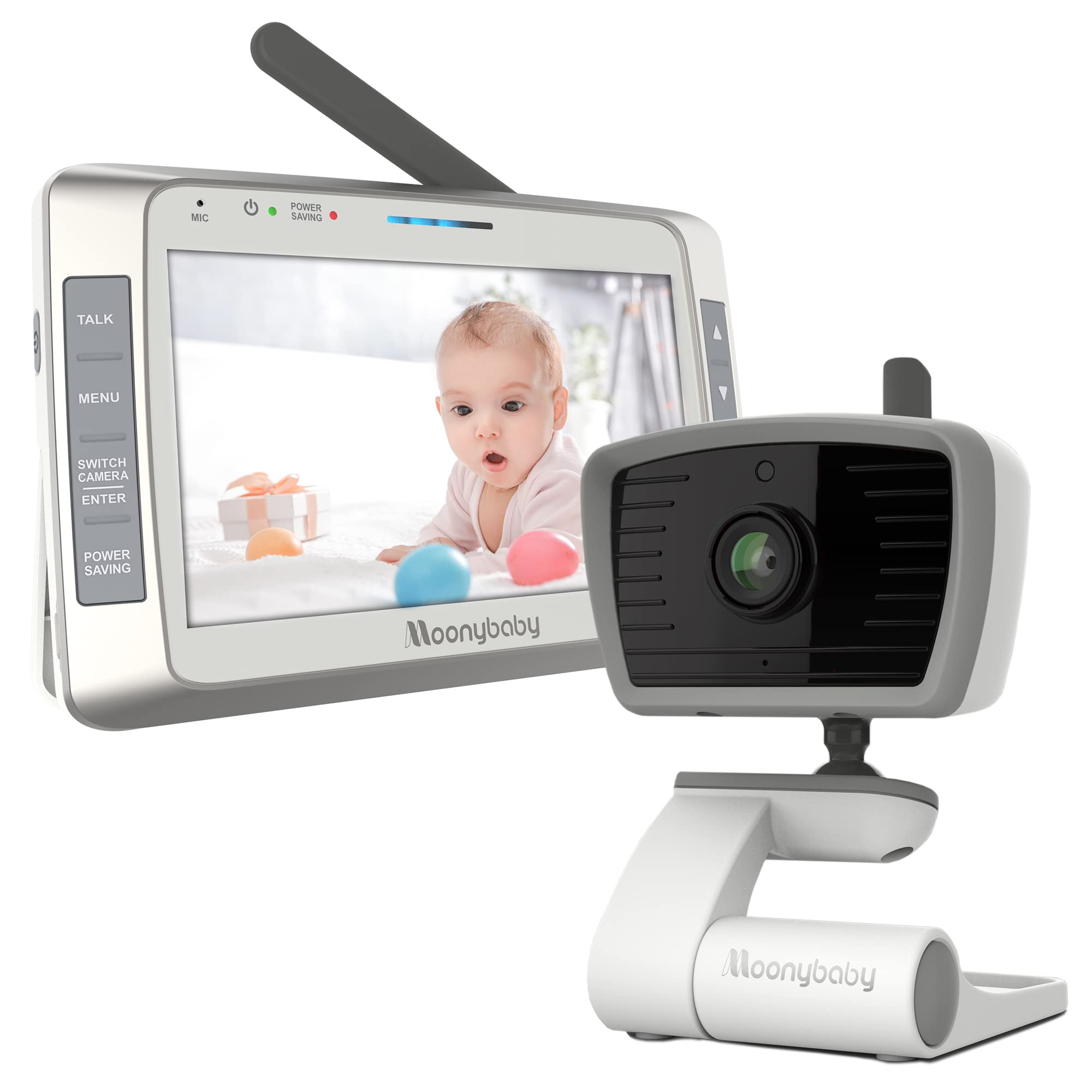 MoonyBaby Trust 50 Baby Monitor No WiFi, 15 Hours Long Battery Life, 1000ft Long Range, 5" Display, Auto Night Vision, 2-way Audio, Temperature Sensor, Lullabies, Power Saving/Voice Activation, Silver