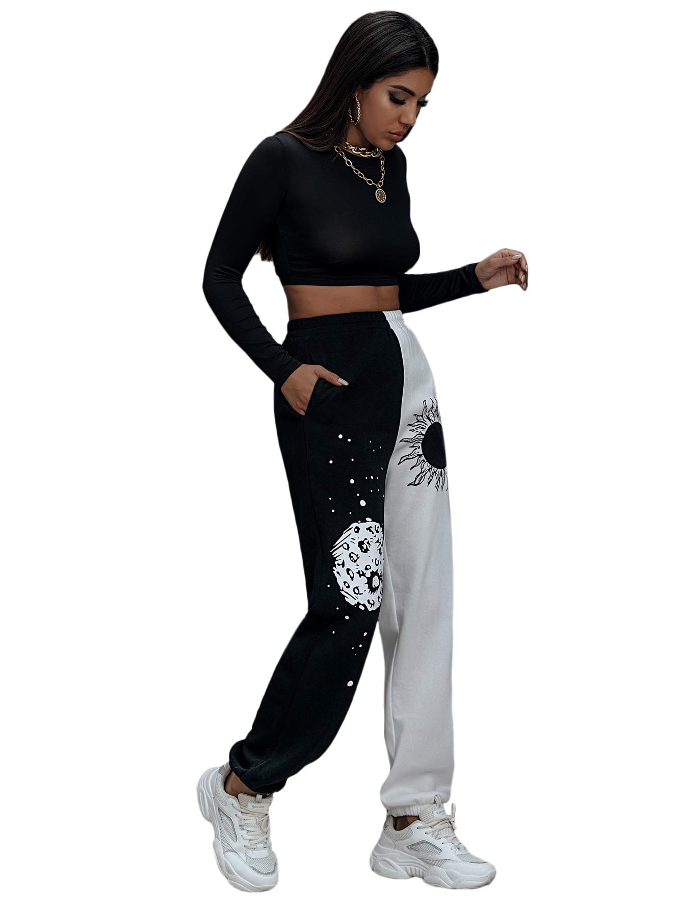 SOLY HUX Women's Graphic Letter Print Elastic Waist Sweatpants Color Block Cozy Running Joggers Pants Black White Sun XS