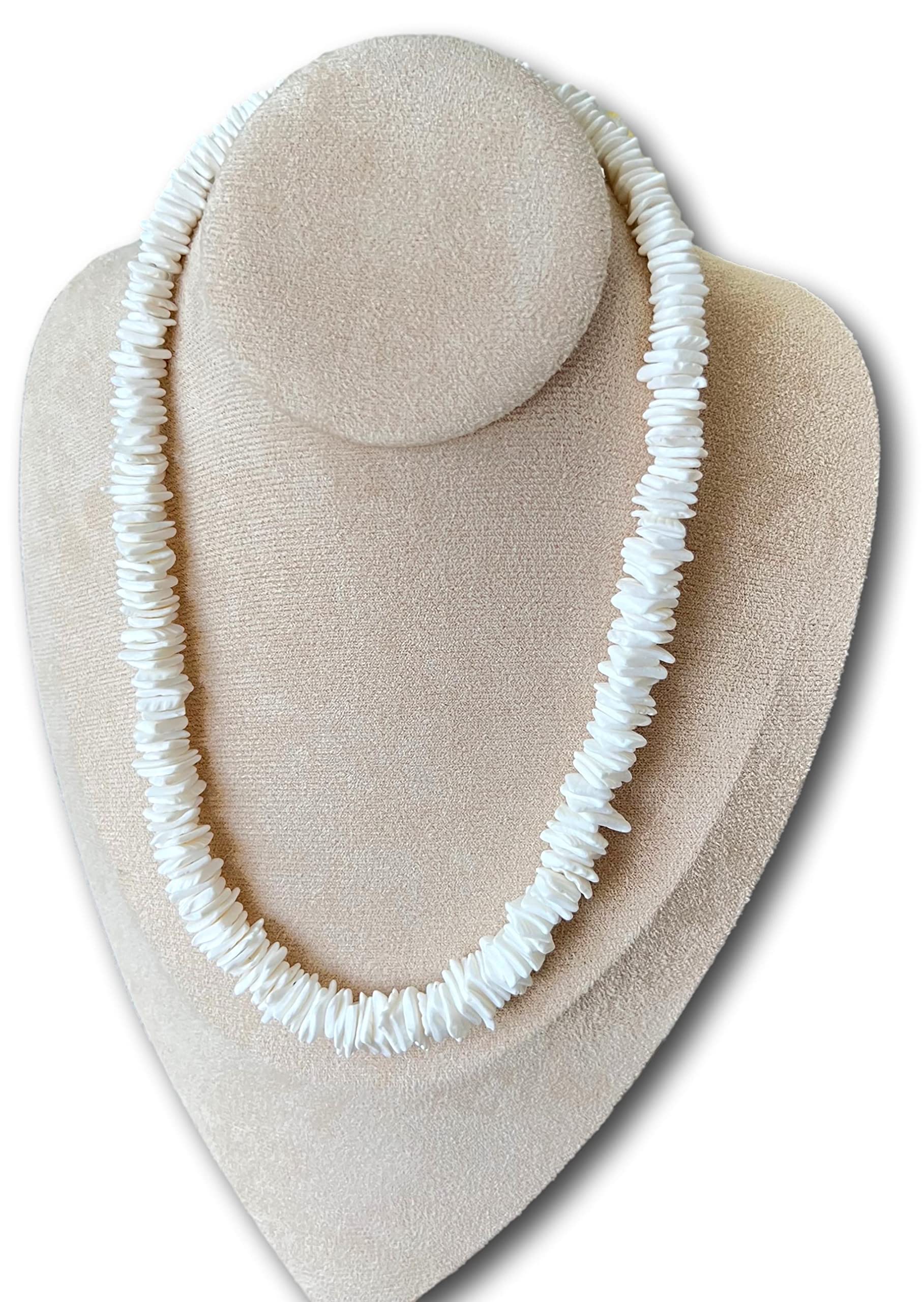 Native Treasure 18" inch Mens and Womens Tropical Jewelry Polished White Rose Clam Chips Ark Shell Summer Beach Surfer Necklace From the Philippines