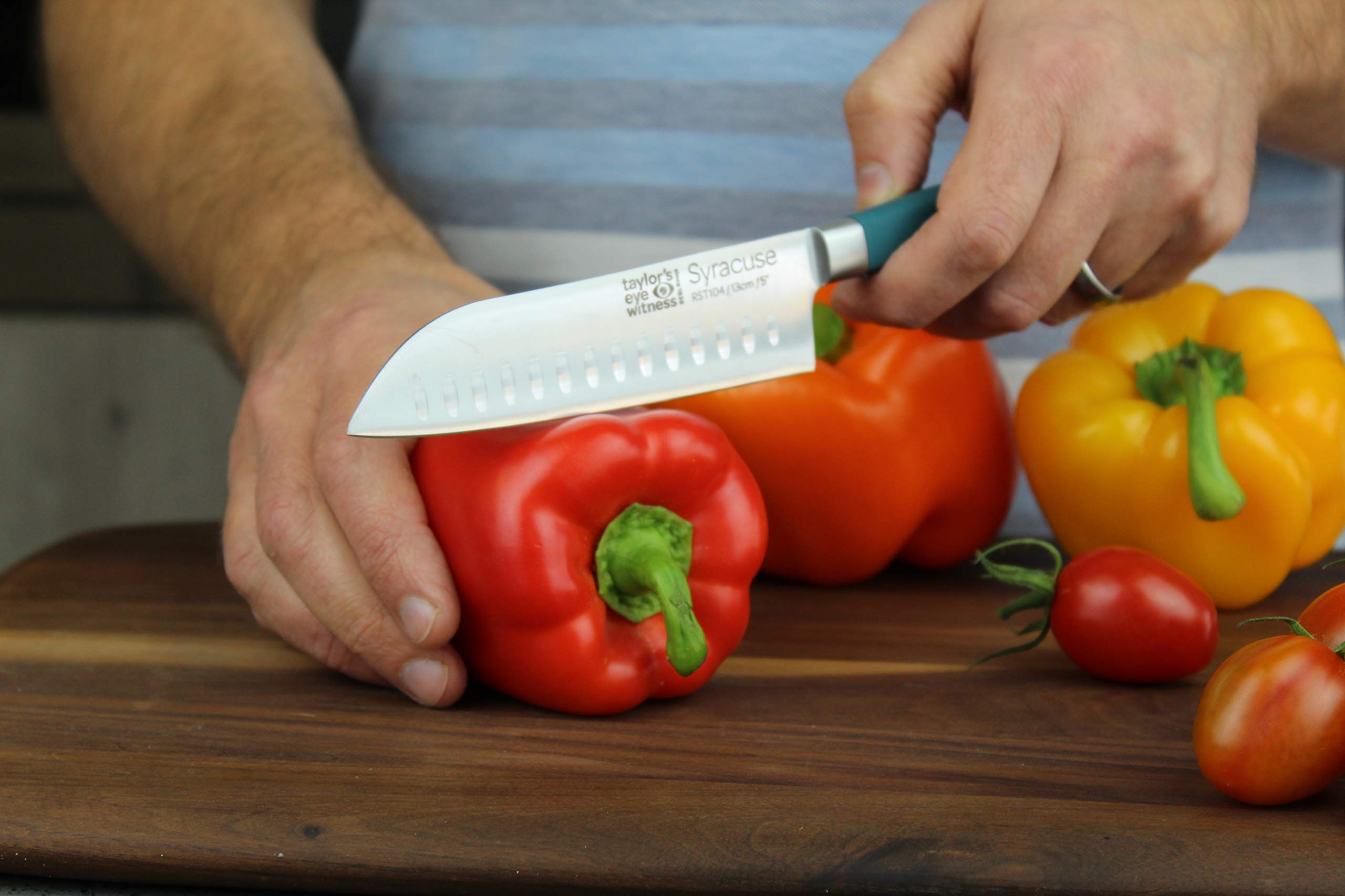 Taylors Eye Witness Syracuse Asian Kitchen Knife Set - Chefs Santoku 13cm/5β & Cooks All Purpose 13cm/5β Cutting Edge, Multi Use. Ultra Fine, Razor Sharp Blade. Soft Grip Air Force Blue handle.
