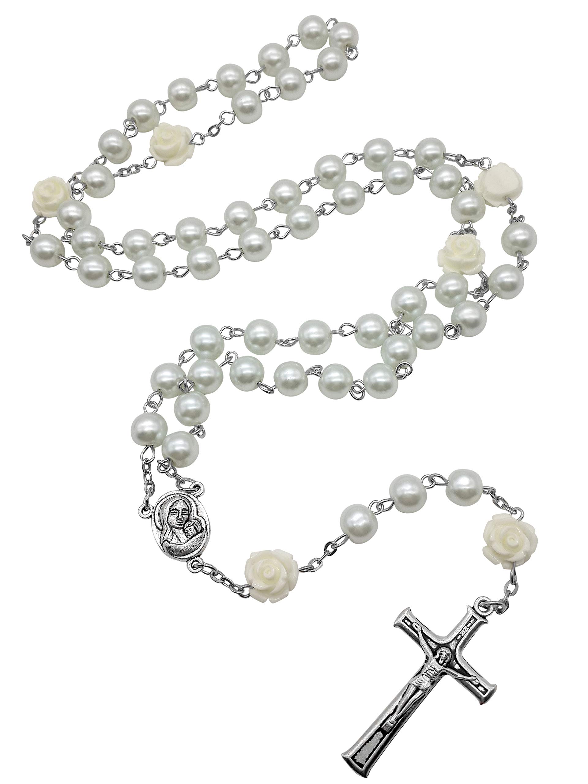 Nazareth Store White Pearl Beads Rosary Roses Mystery Beads Prayer Necklace Our Rose Lourdes Medal and Cross Crucifix