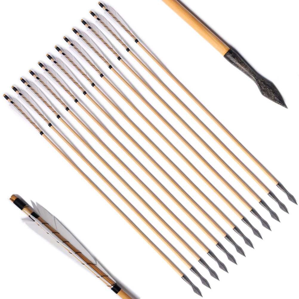 PG1ARCHERY Archery Hunting Arrows, 12 Pack Traditional Target Wooden Arrow 5" Turkey Feathers Fletching with Vintage Broadheads Tips White