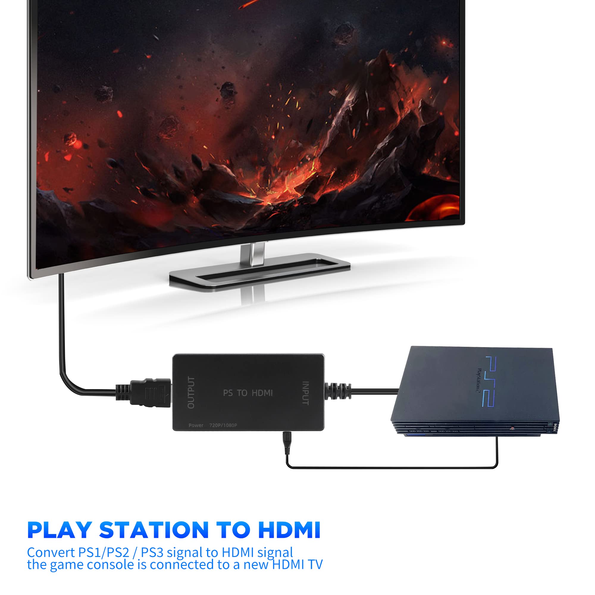 Xahpower PS2 to HDMI Adapter Converter, HDMI Link Cable Support 16:9/4:3 and HD 1080P Display for Sony Playstation 1/ Playstation 2/ Playstation 3(Plug and Play)
