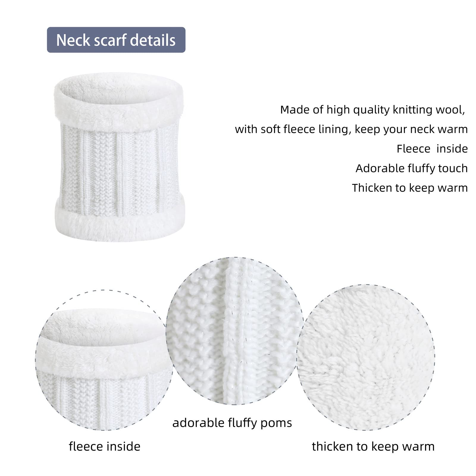 Pom Beanie Hat Scarf Gloves Set 3 in 1 Warm Thick Lining Slouchy Beanie Hats Scarf Touch Screen Gloves for Womens Girls (White)