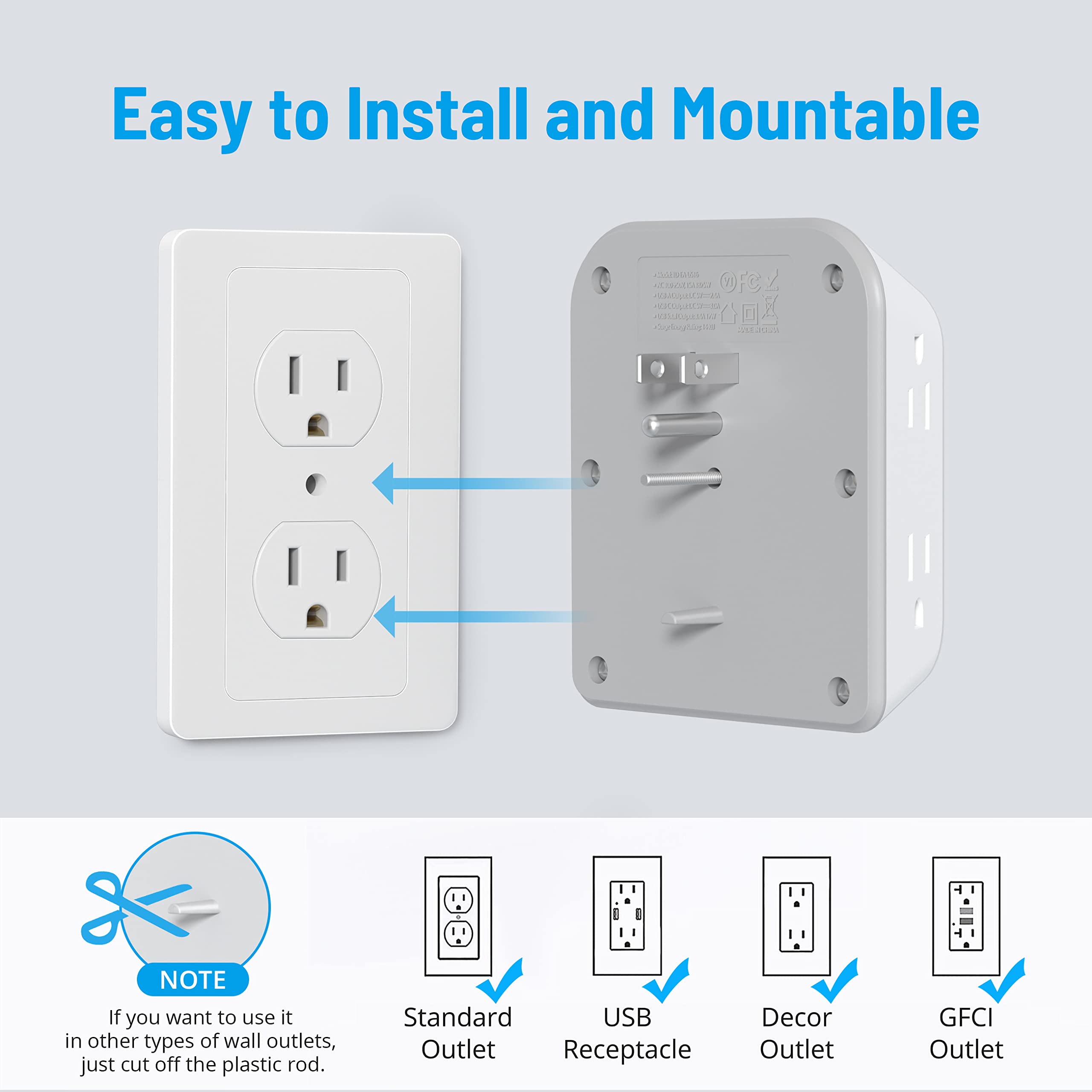 TROND Surge Protector Outlet Extender - 5 Outlet Splitter with 3 USB Ports (1 USB C), Multi Plug Outlet Expander with ON/Off Switch, 3 Sided Multiple Wall Plug Power Strip for Home Travel Office