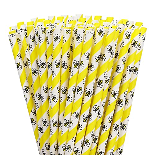 Whaline 200Pcs Bumble Bee Paper Straws Summer Honey Bee Yellow White Disposable Straws Stripe Patterned Drinking Well Crafted Straws for Juices Shakes Cocktail Baby Shower Wedding Decor Event Supplies