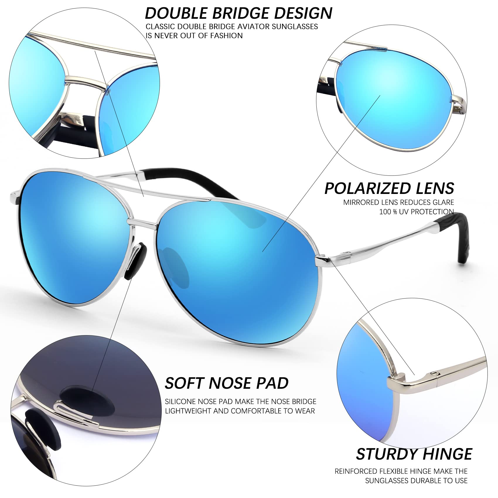 VIYSIOO Aviator Sunglasses for Men Women, Classic Polarized Sunglasses Men Womens Trendy Retro Style UV400 Protection