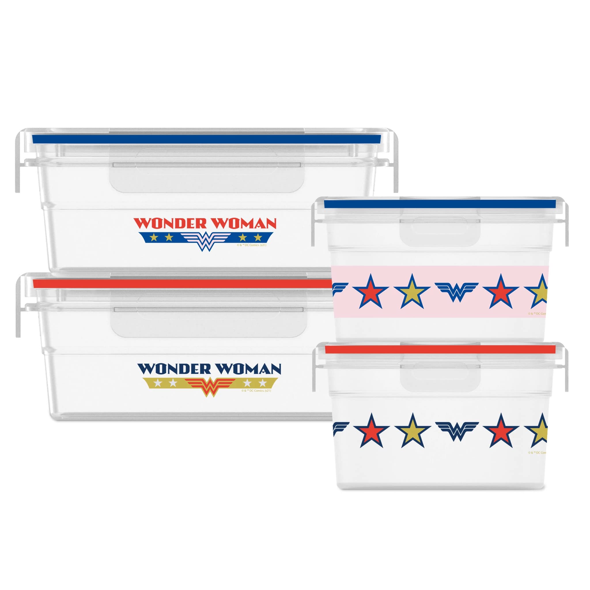 Snapware 8-Pc Plastic Food Storage Containers Set, 4.6-Cup & 3-Cup Meal Prep with Lid, BPA-Free 4 Tab Locking Lids, Dishwasher, Microwave, and Freezer Safe, Wonder Woman
