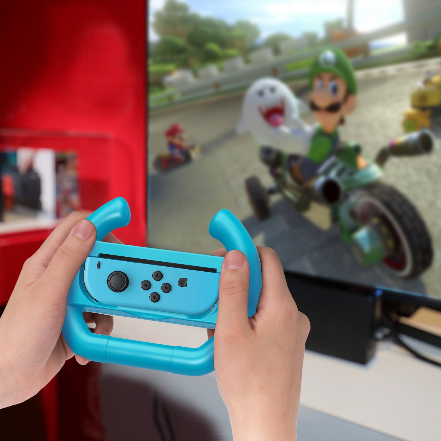 MoKo Steering Wheel Compatible with Switch/Switch OLED Model (2021), [2 Pack] Switch Steering Wheel Controller Handle Compatible with Switch Joy-con Mario Kart Game (Blue & Red)
