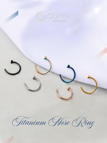 OUFER 6PCS Titanium Nose Ring Hoop, 18G 20G Titanium Nose Studs, G23 Solid Titanium Nose Rings, Gold Black Nose Stud, Nose Piercing Jewelry for Women And Men