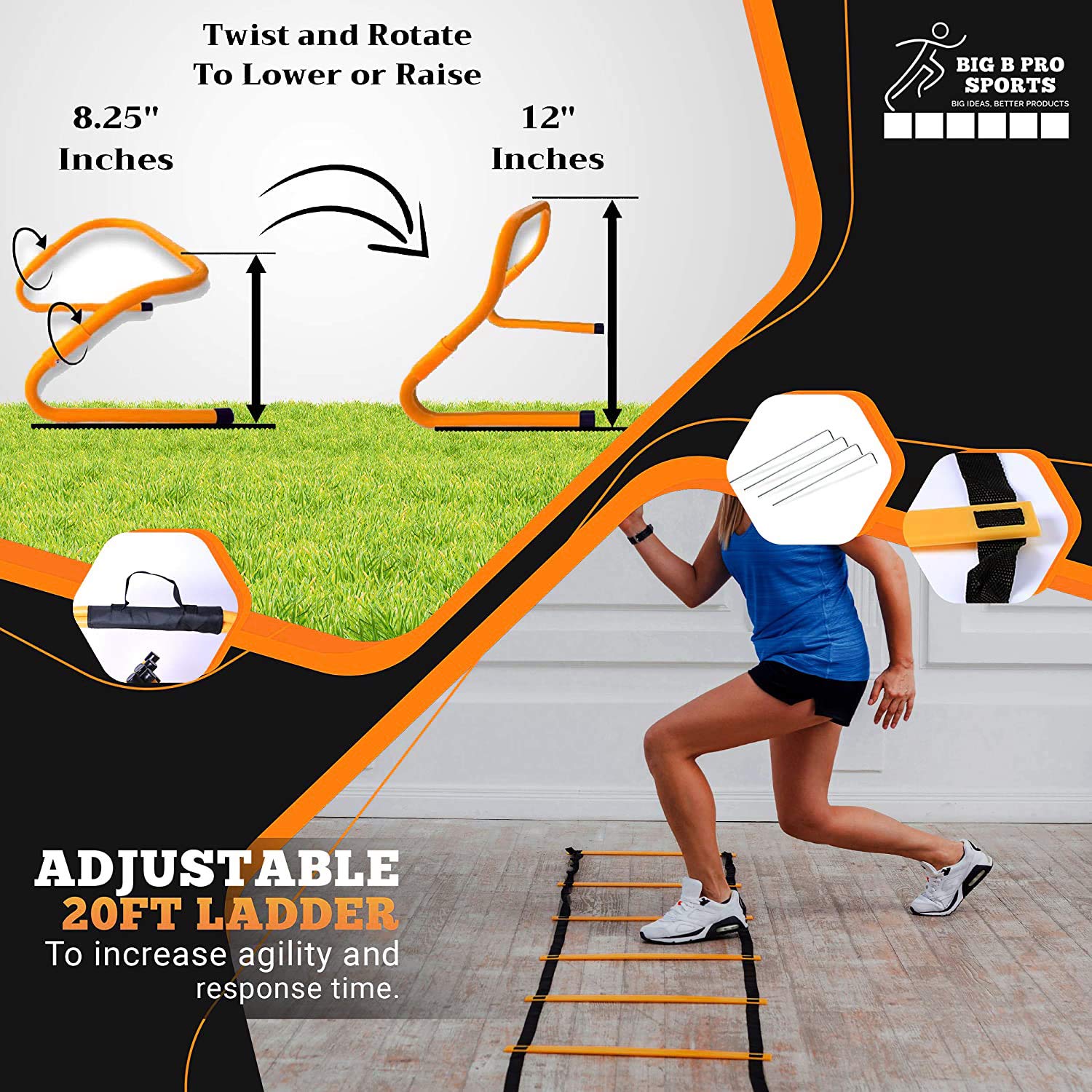 Speed & Agility Training Set (Orange)- Agility Ladder, Football Cones, Running Parachute, Jump Rope, Hurdles & Resistance Bands