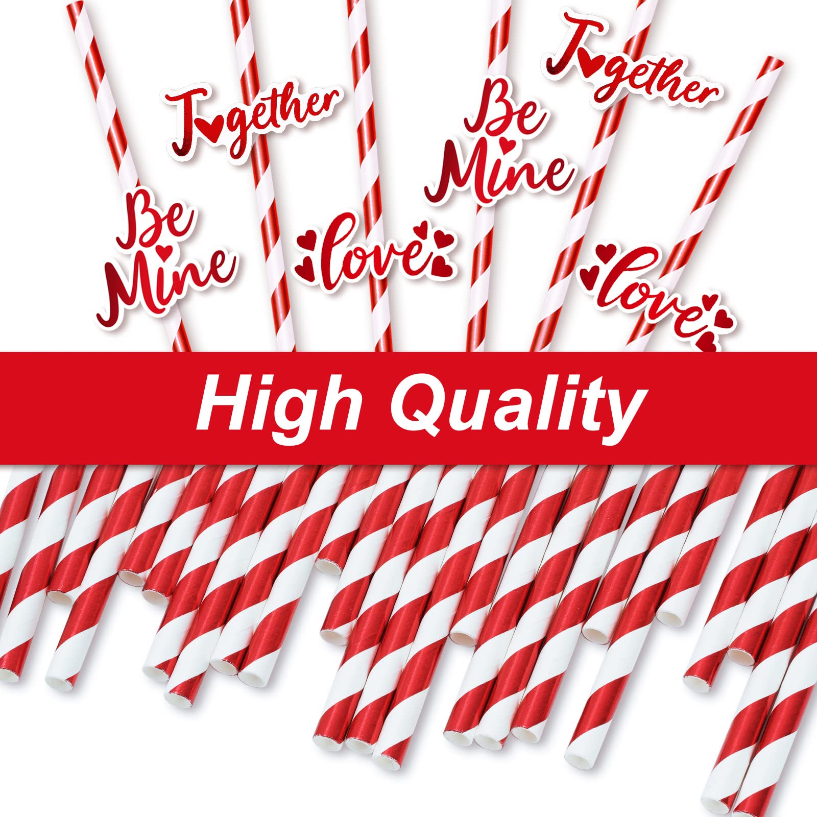 Whaline Valentine's Day Paper Straws 60Pcs Metallic Red Drinking Straws with 60Pcs Foil Red Letter Slices White Stripe Disposable Straws for Beverages Cocktail Wedding Birthday Party Supplies