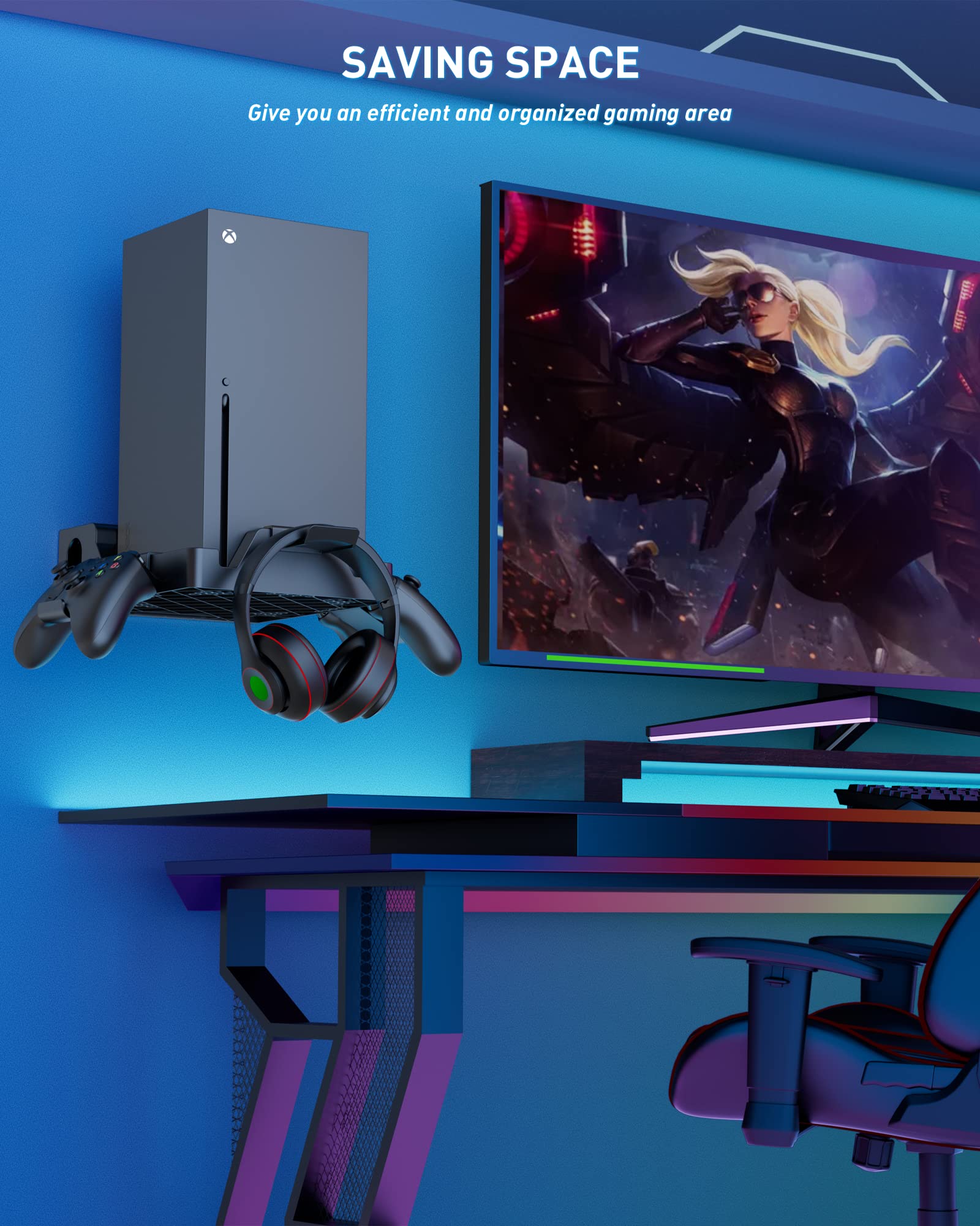 Wall Mount Kit with Cooling Fan for Xbox Series X, Wiilkac Series X Wall Mount kit and Cooling system with 6 Detachable Hooks and RGB Lights, Safely Store and Efficiently Cool Your Console