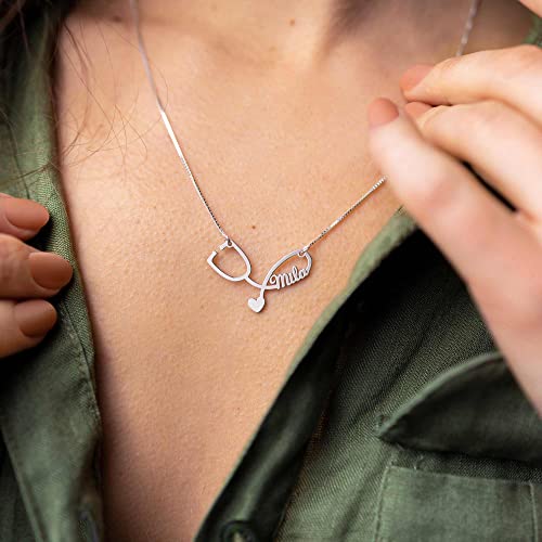 Stethoscope Necklace - Personalized Stethoscope Pendant With Name - Nurse Necklace - Doctor Necklace - Nurse & Doctor Graduation Gift (Sterling Silver)
