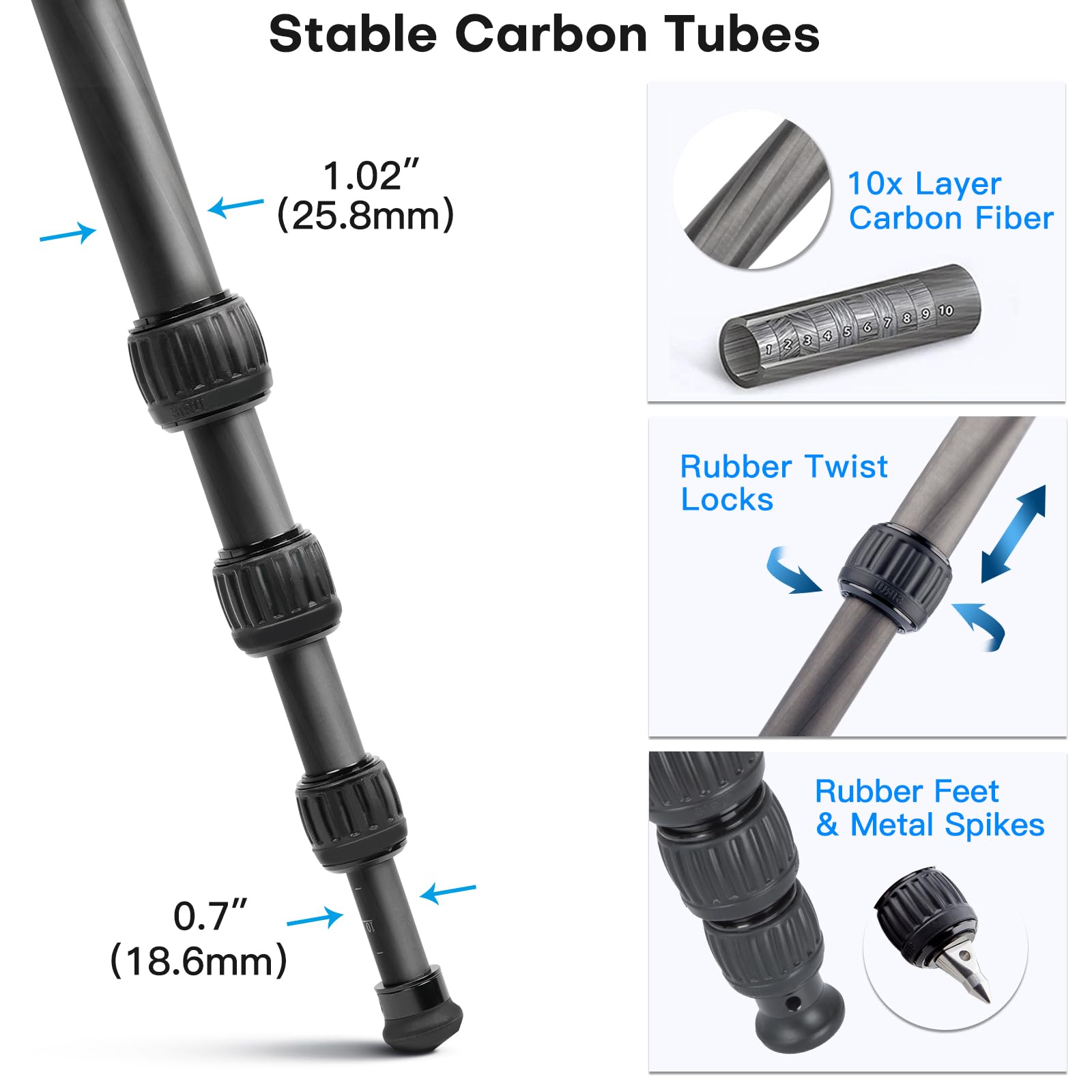 SIRUI AM-254 Carbon Fiber Camera Tripod, 47" Lightweight Compact Travel Tripod, 4-Section Legs, Twist Locks, Steel Spikes, Loads up to 26.5lbs/12kg