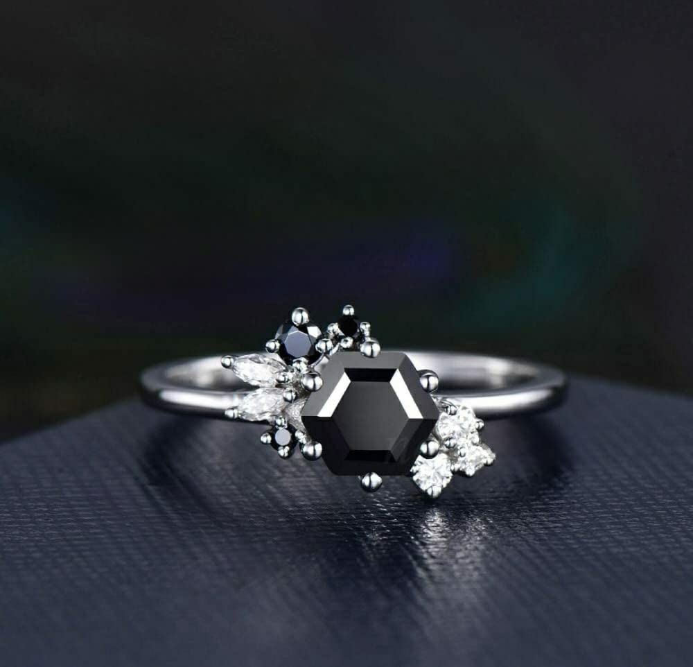 Vintage Black onyx engagement ring hexagon cut black onyx ring rose gold cluster unique engagement ring diamond ring promise wedding ring (Rose Gold, 7)