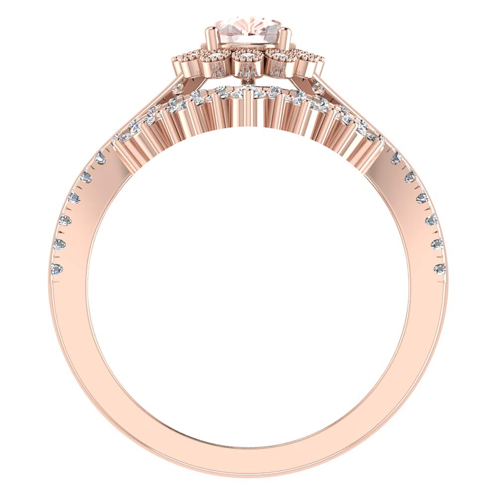 Morganite Engagement Ring - Wedding Ring Set for Women 14K Rose Gold 8 mm Pear Shape (RS 6)