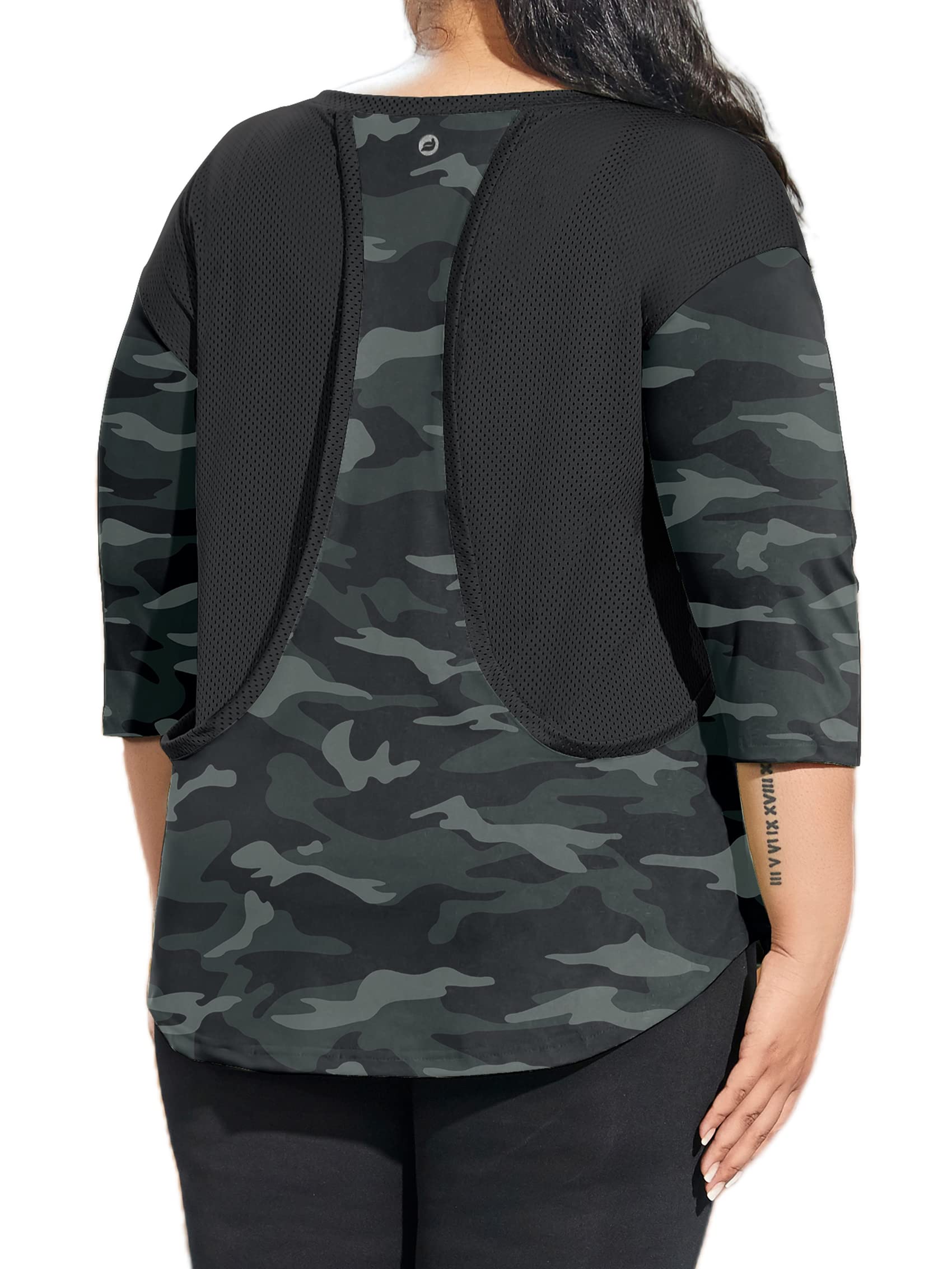 Women's Plus Size Mesh Workout Tops Long Sleeve Sport Tee Racerback Athletic Yoga Gym Shirts with Thumb Holes,Blcak Camo,XL