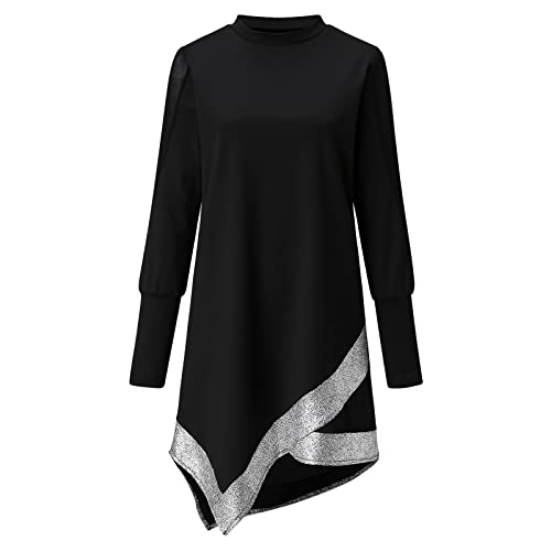 Pinkpaopao Solid Color Cross Asymmetrical Dress Women's Black Crewneck Splicing Mesh Balloon Sleeve Party Dress