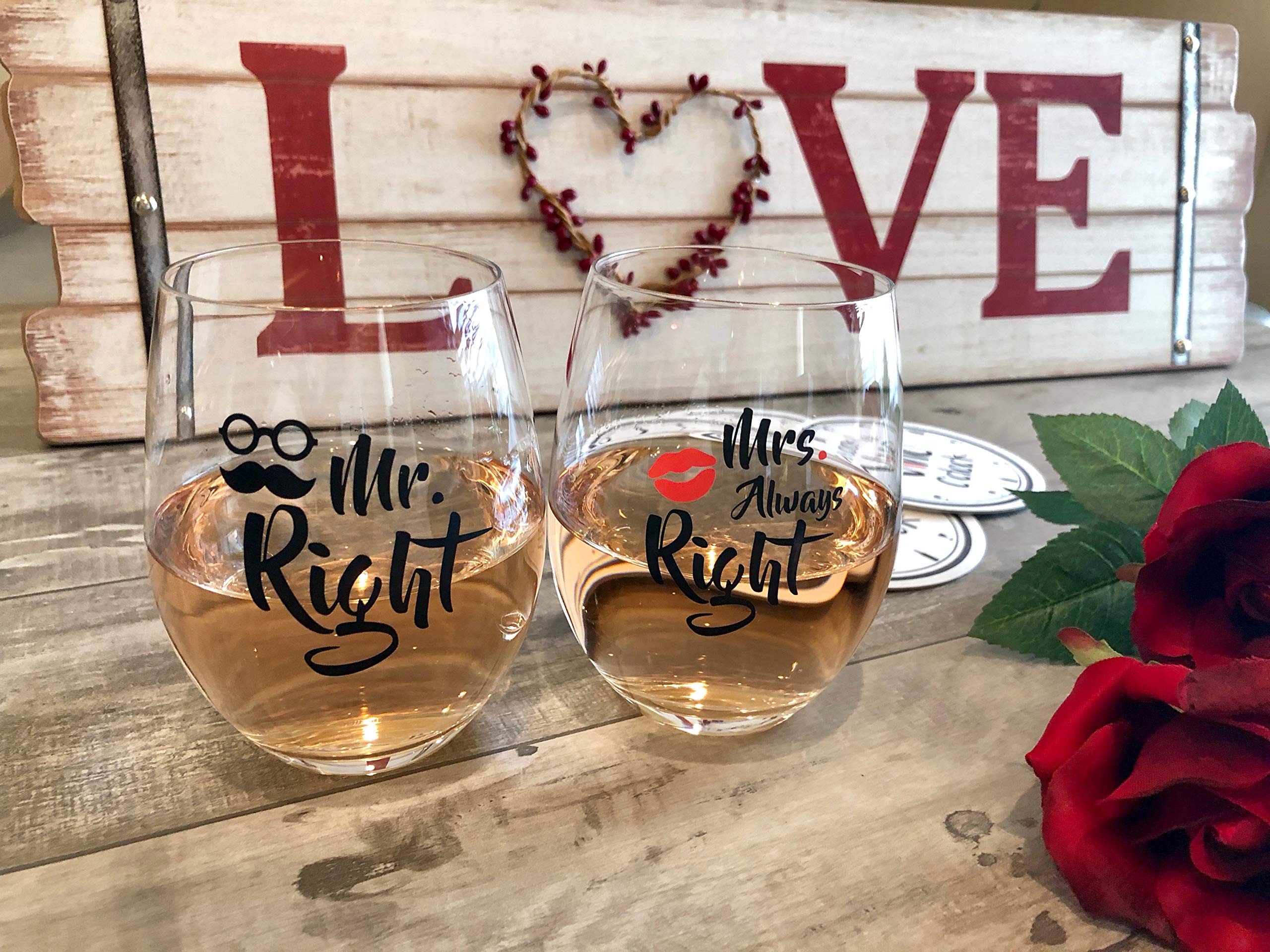 Vino O'clock Mr Right and Mrs Always Right Wine Glasses Gift Set For Bridal Shower, Married Couples, Weddings, Engagements, Newlyweds, Anniversary / 16oz