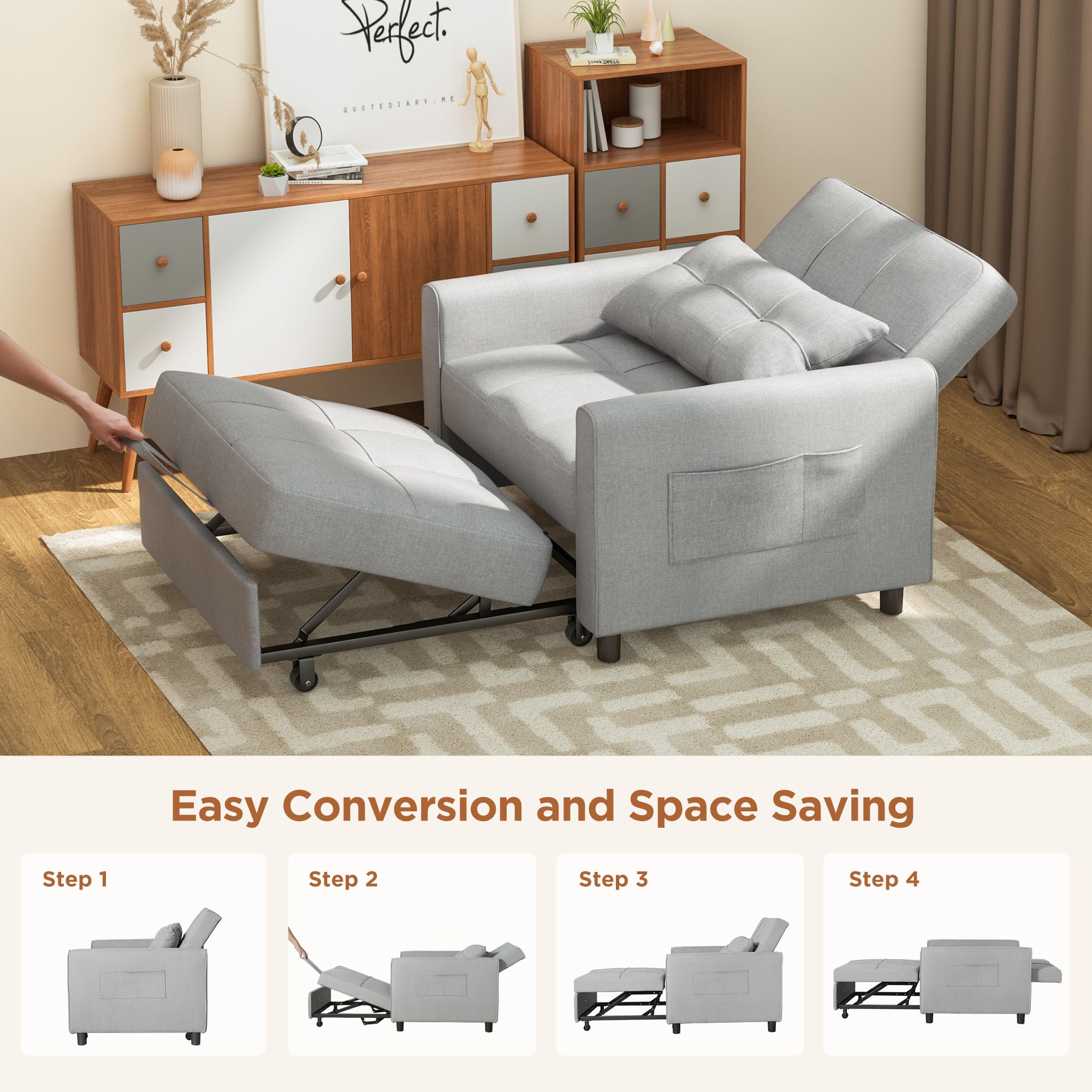 Noelse 34 Inch Convertible Sofa Chair 3-in-1, Sleeper Chair Bed Pull Out Chair Bed, Sofa Bed with Adjustable Backrest, Sleeper Sofa Living Room Reading Chairs for Office Apartment (Dark Gray)
