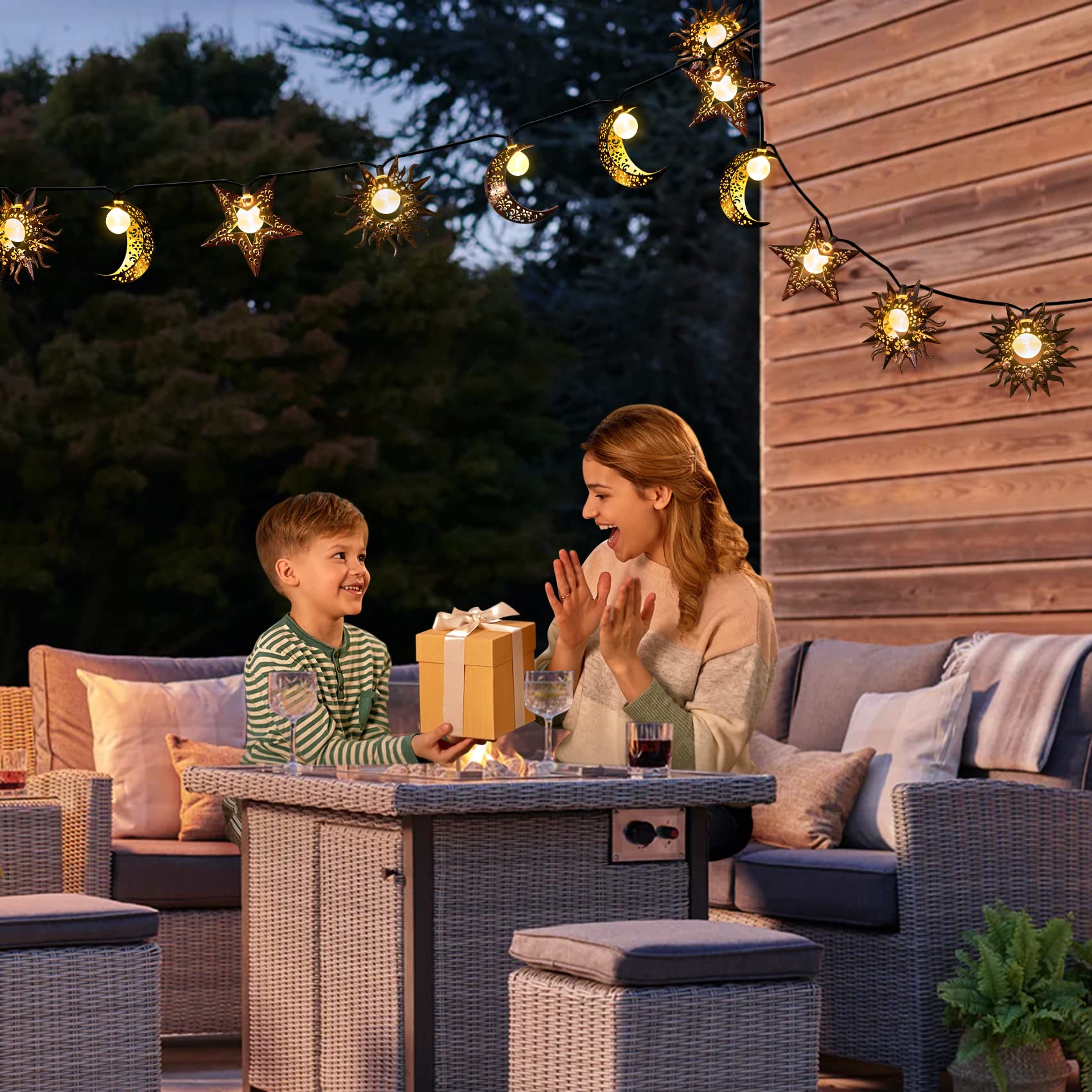 Solar String Lights Outdoor Star Moon Sun 13Ft 153In Led Solar Powered Fairy Decorative Lights for Garden Patio Yard Wedding Party (Warm White) (Moon String Lights)